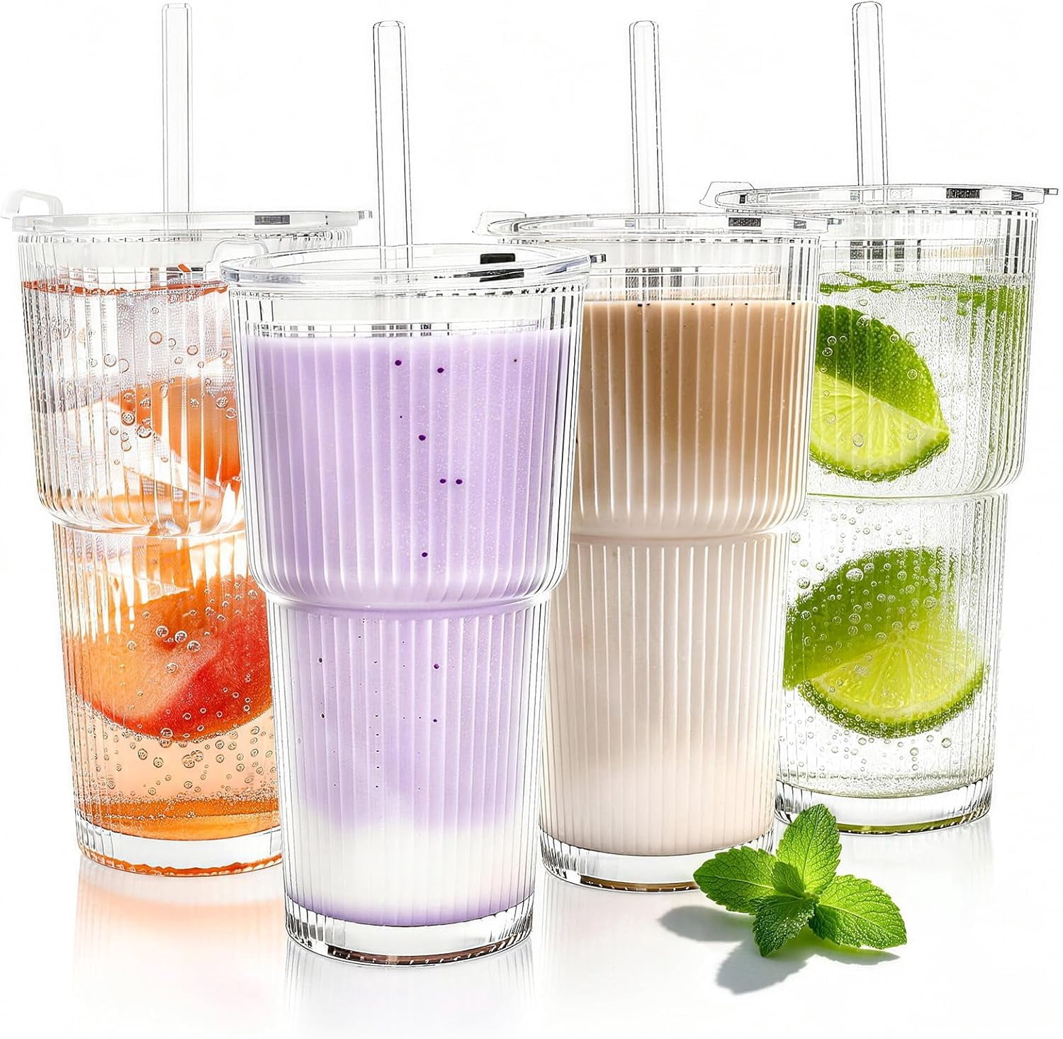 20oz Glass Tumblers with Lids and Straws, Set of 4, Reusable Iced ...