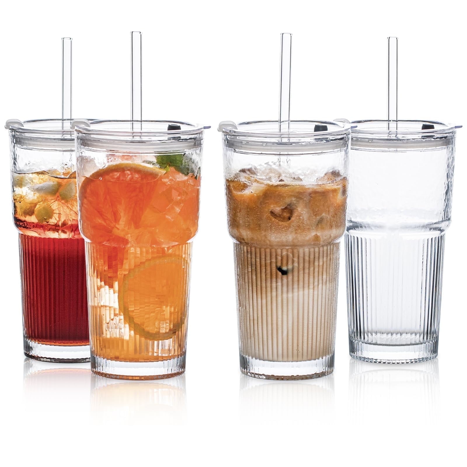 JSJ 20oz Clear Glass Drinking Glasses, Ribbed Design, Durable and Lead ...