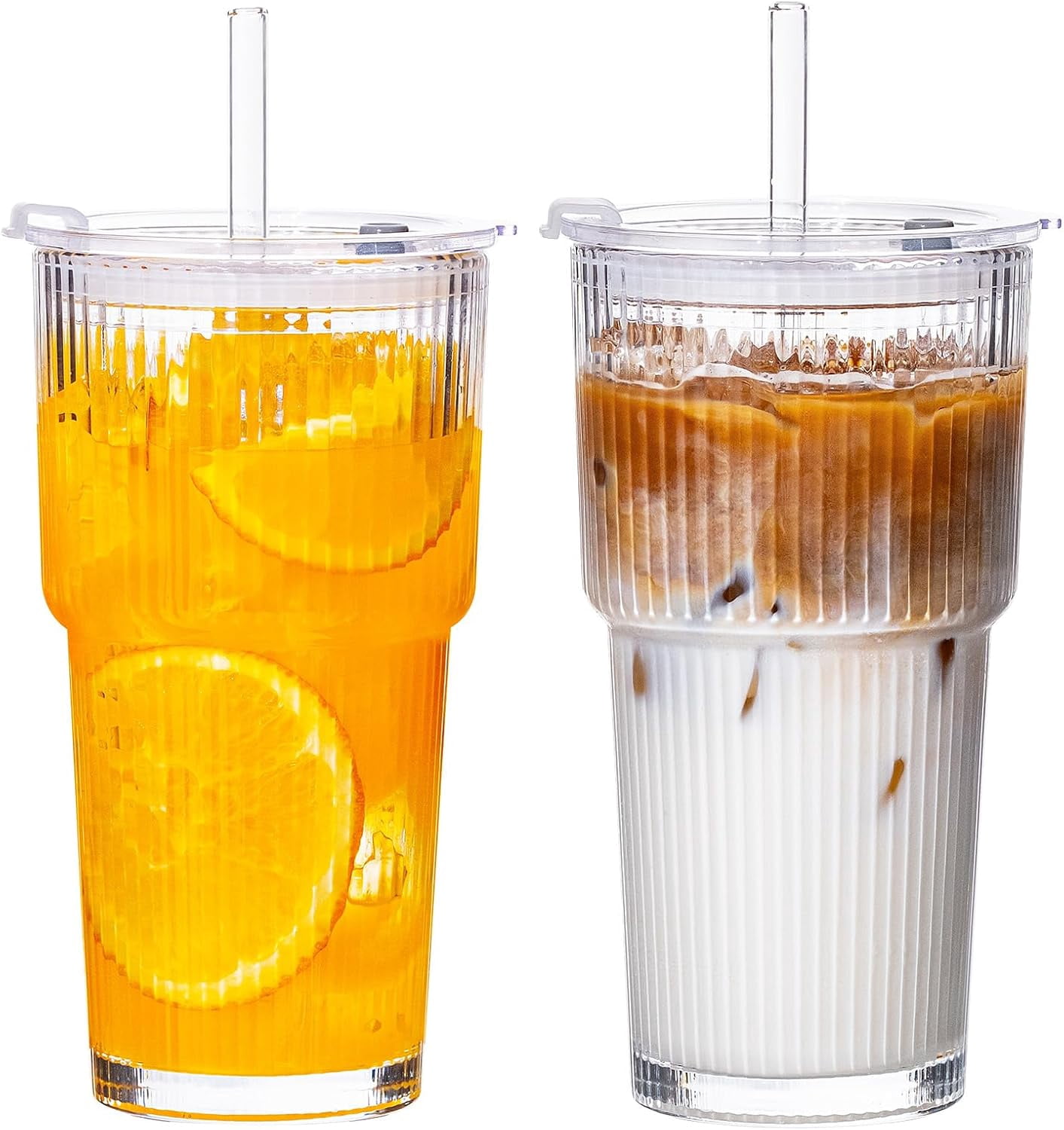 20oz Glass Tumblers with Straws and Lids 2 Pack, Ribbed Glass Cups ...