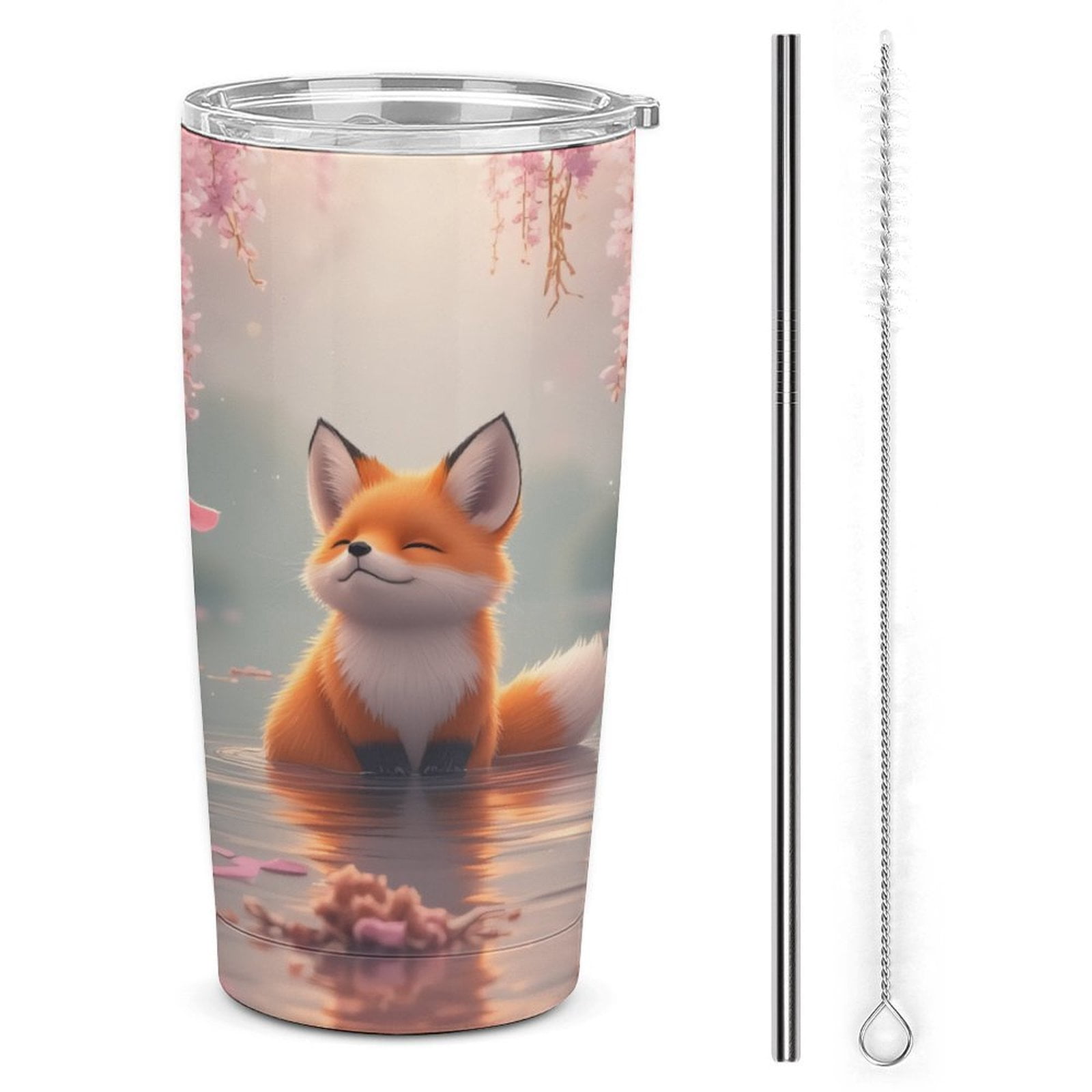 20oz Insulated Stainless Steel Tumbler,Cute Fox in Cherry Blossom Pond ...