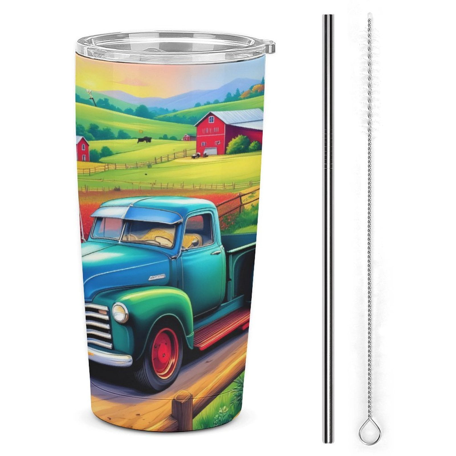 20oz Insulated Stainless Steel Tumbler,Rural Scene with Vintage Truck ...