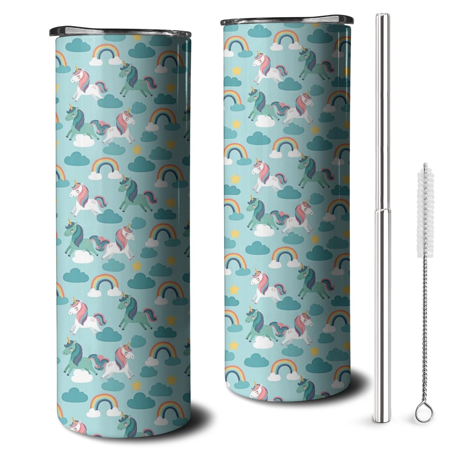 20oz Light Blue Cartoon Unicorn Rainbow Cloud Pattern Skinny Tumblers ...