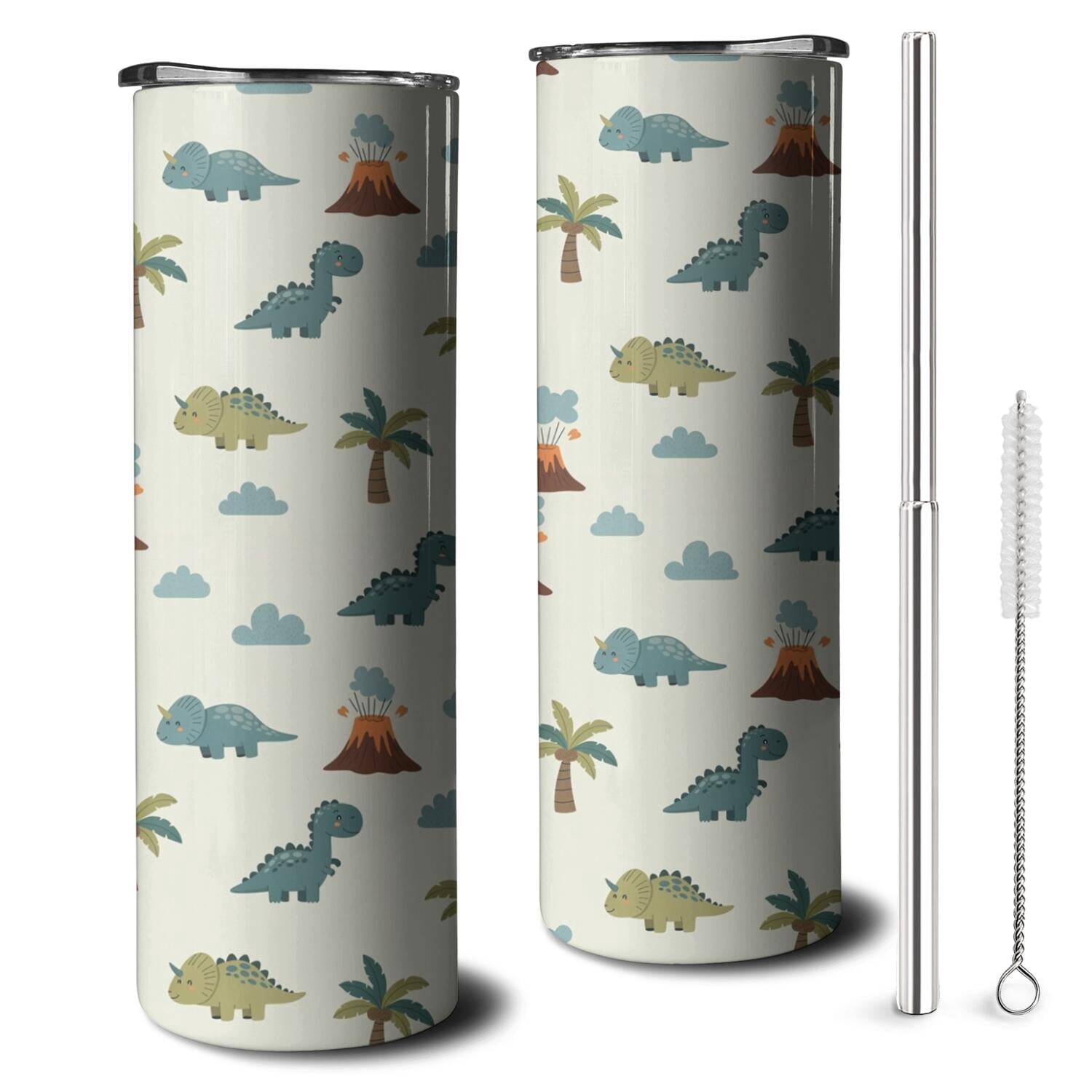 20oz Light Green Dinosaurs Volcanoes Pattern Skinny Tumblers Stainless ...