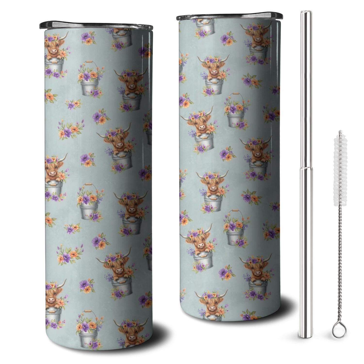20oz Lightblue Highland Cow Flower Bucket Pattern Skinny Tumblers ...