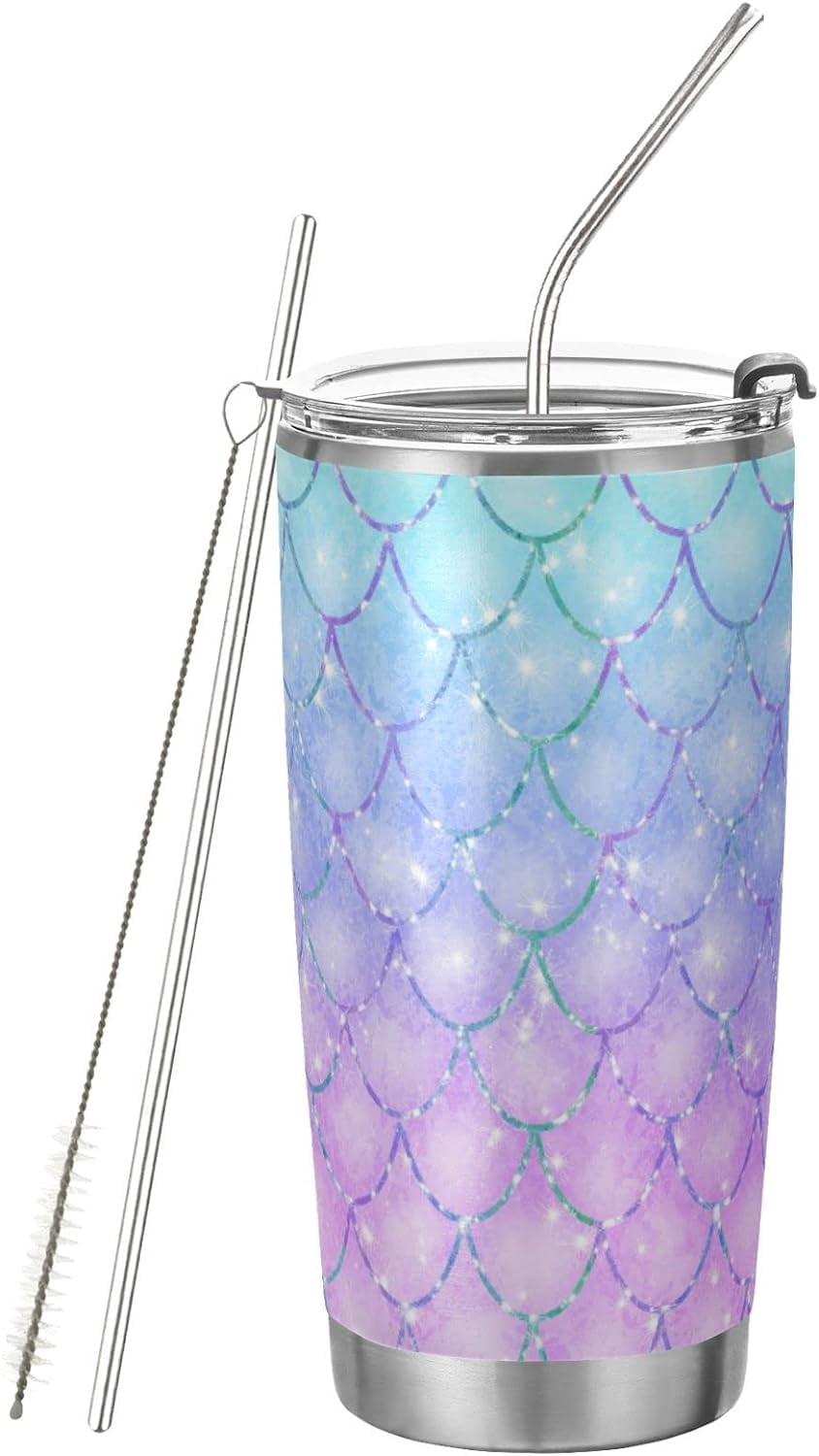 20oz Mermaid Scales Purple Tumbler Cup with Lid and Straw Stainless ...