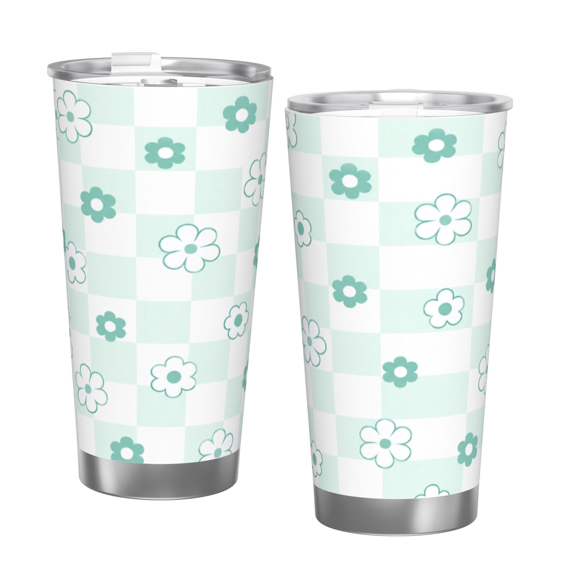 20oz Mint Checkerboard Flower Tumbler with Handle and Straw Retro Daisy ...