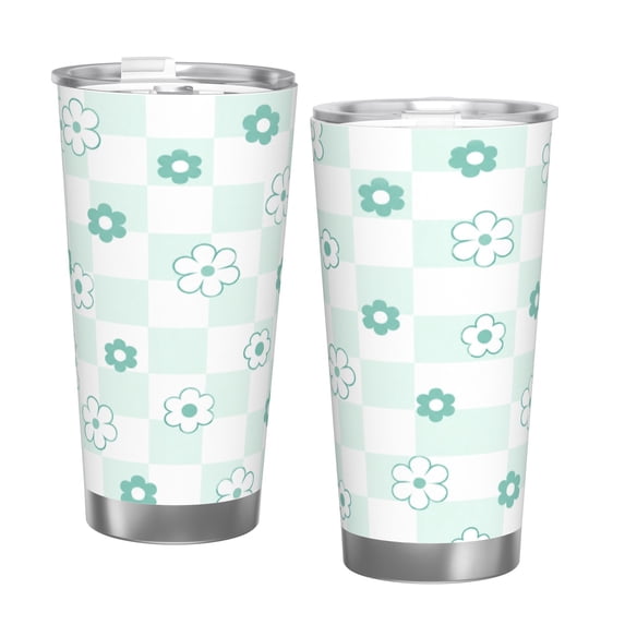 20oz Mint Checkerboard Flower Tumbler with Handle and Straw Retro Daisy ...