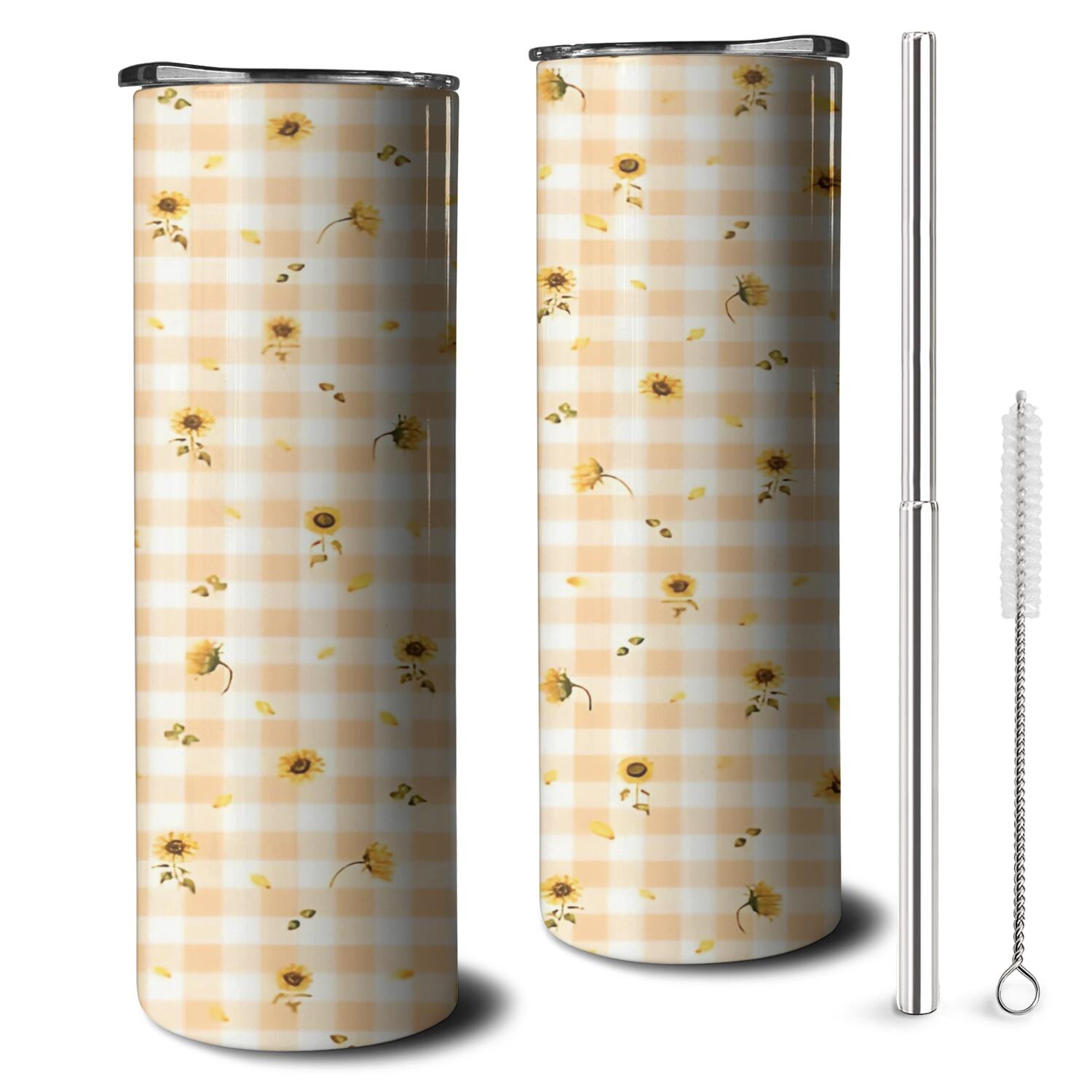 20oz Orange White Checker Sunflower Pattern Skinny Tumblers Stainless ...