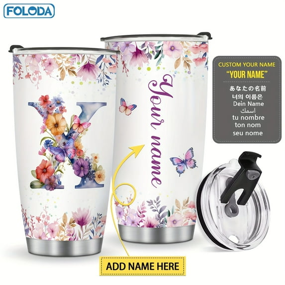 20oz Personalized Flower Initials Tumbler | Letter Butterfly Design ...