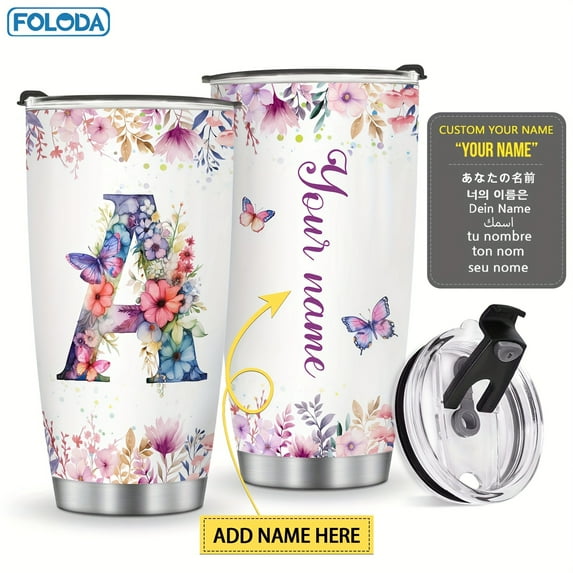 20oz Personalized Flower Initials Tumbler | Letter Butterfly Design ...