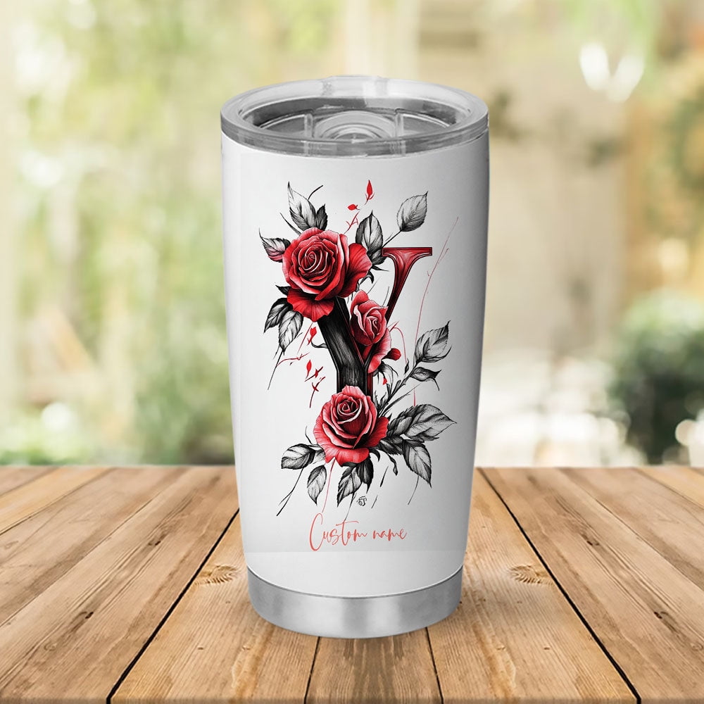 20oz Personalized Tumbler with Lid, Floral Initial 'Y' Print, Stainless Insulated Cup, Flower ...