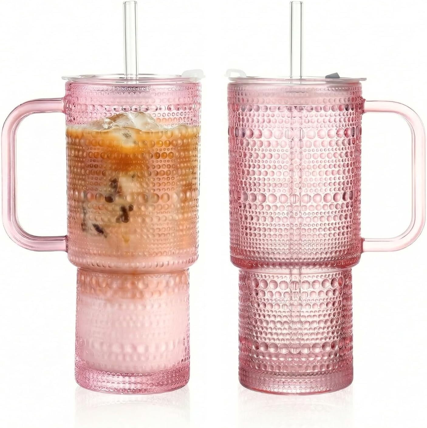 20oz Pink Glass Tumbler with Lid & Straw, Spill-Proof Iced Coffee Cup ...