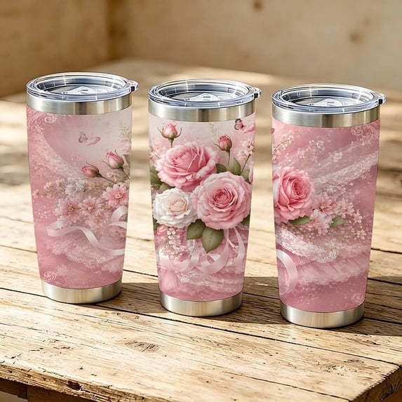 20oz Pink Rose Floral Lace Butterfly Pattern Stainless Steel Tumbler ...