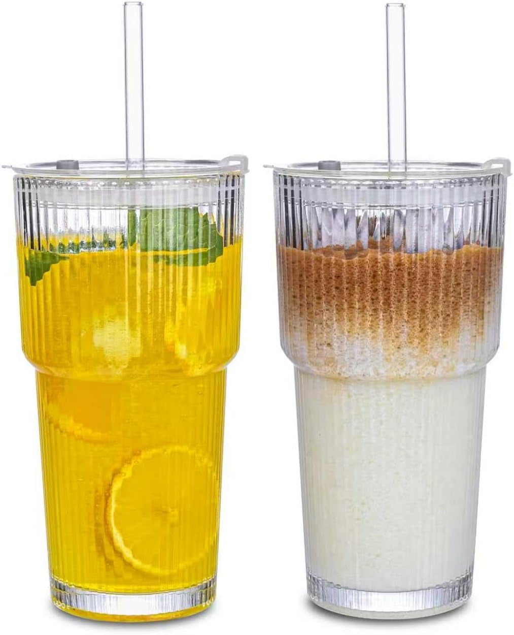 20oz Ribbed Glass Tumbler with Straw & Lid - 2 Iced Coffee Cups,Glass ...