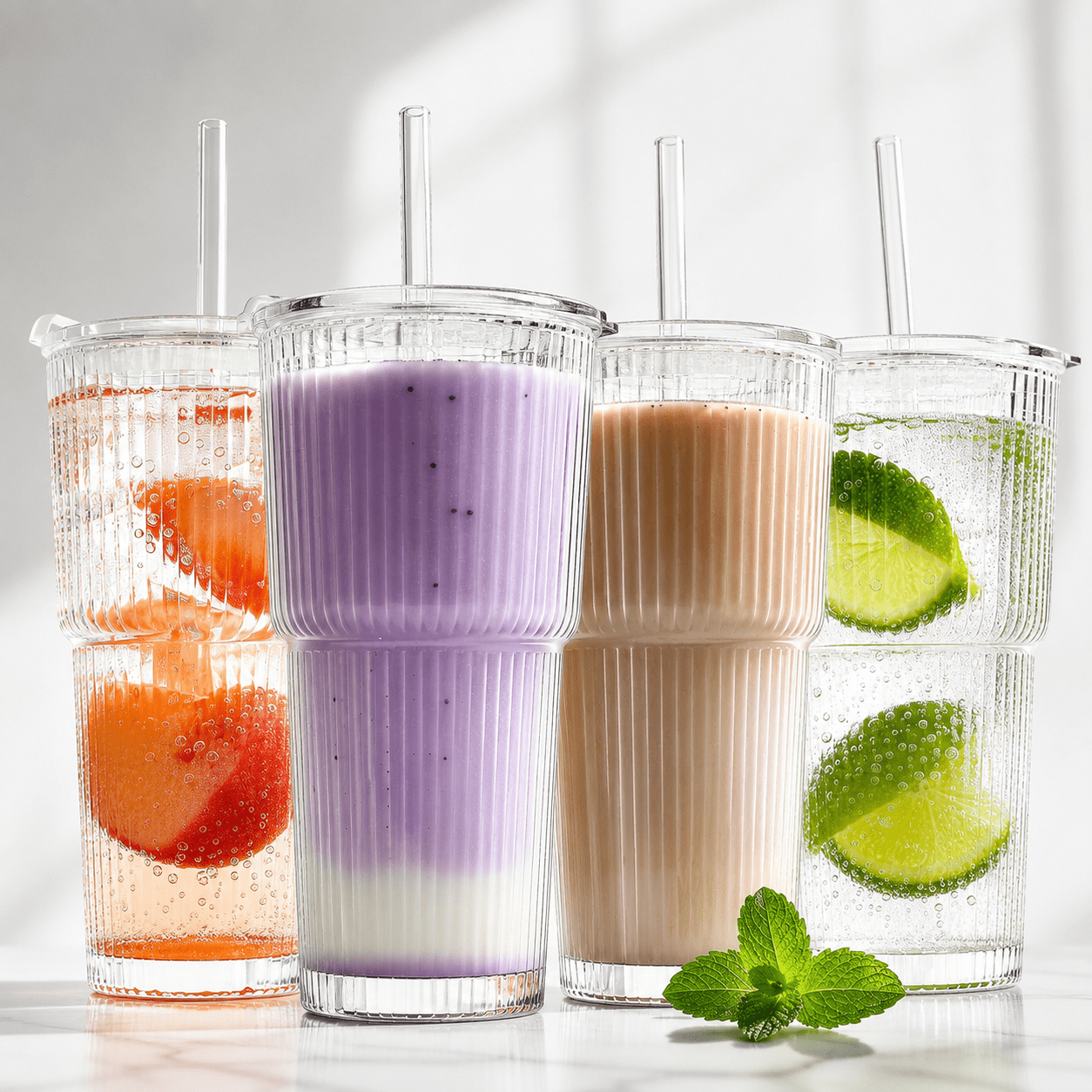 20oz Ribbed Glass Tumblers with Lids and Straws, Set of 4 - Walmart.com