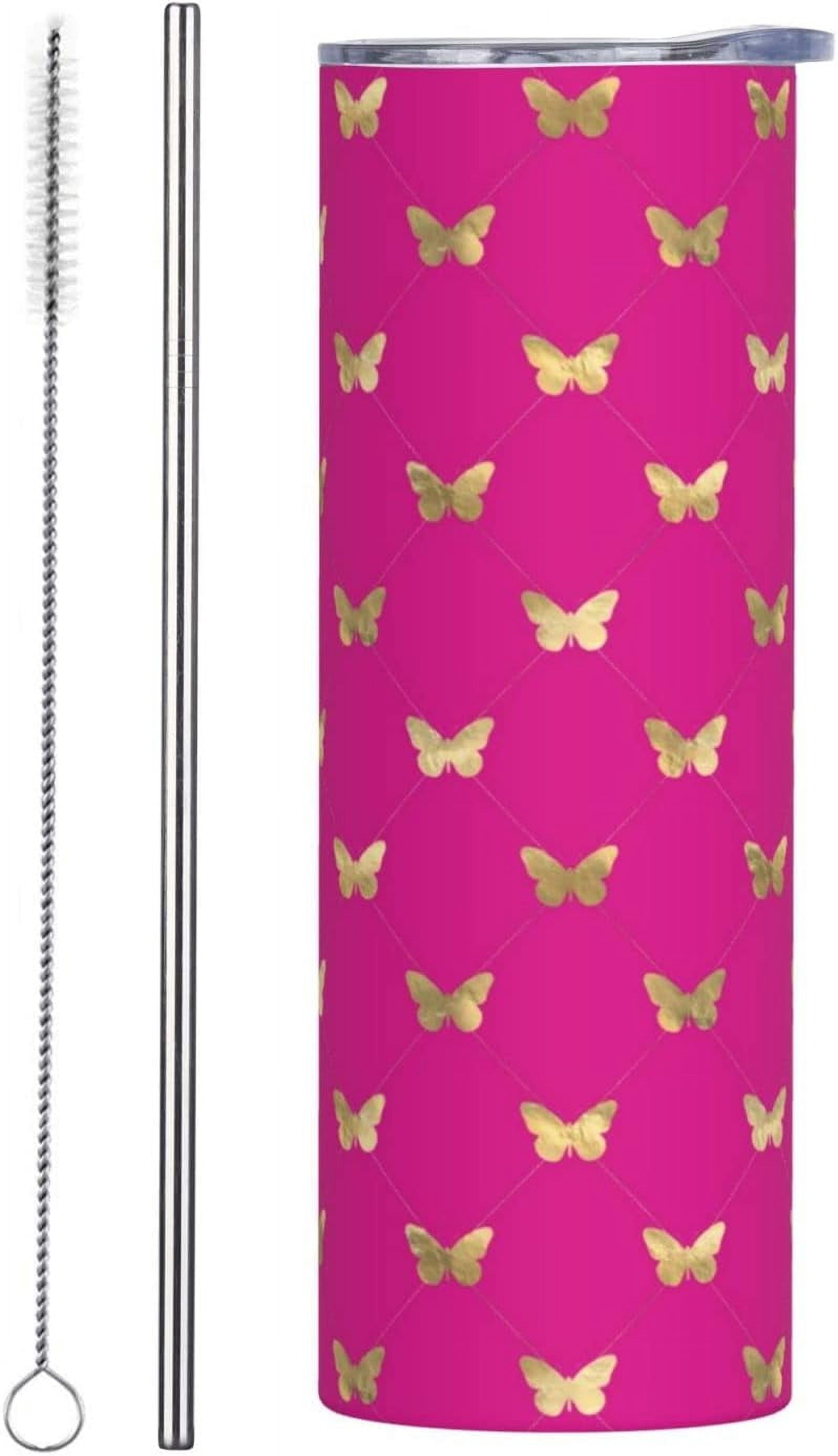 20oz Straight Straw Cup, Elegant Hot Pink Gold Butterfly Pattern ...