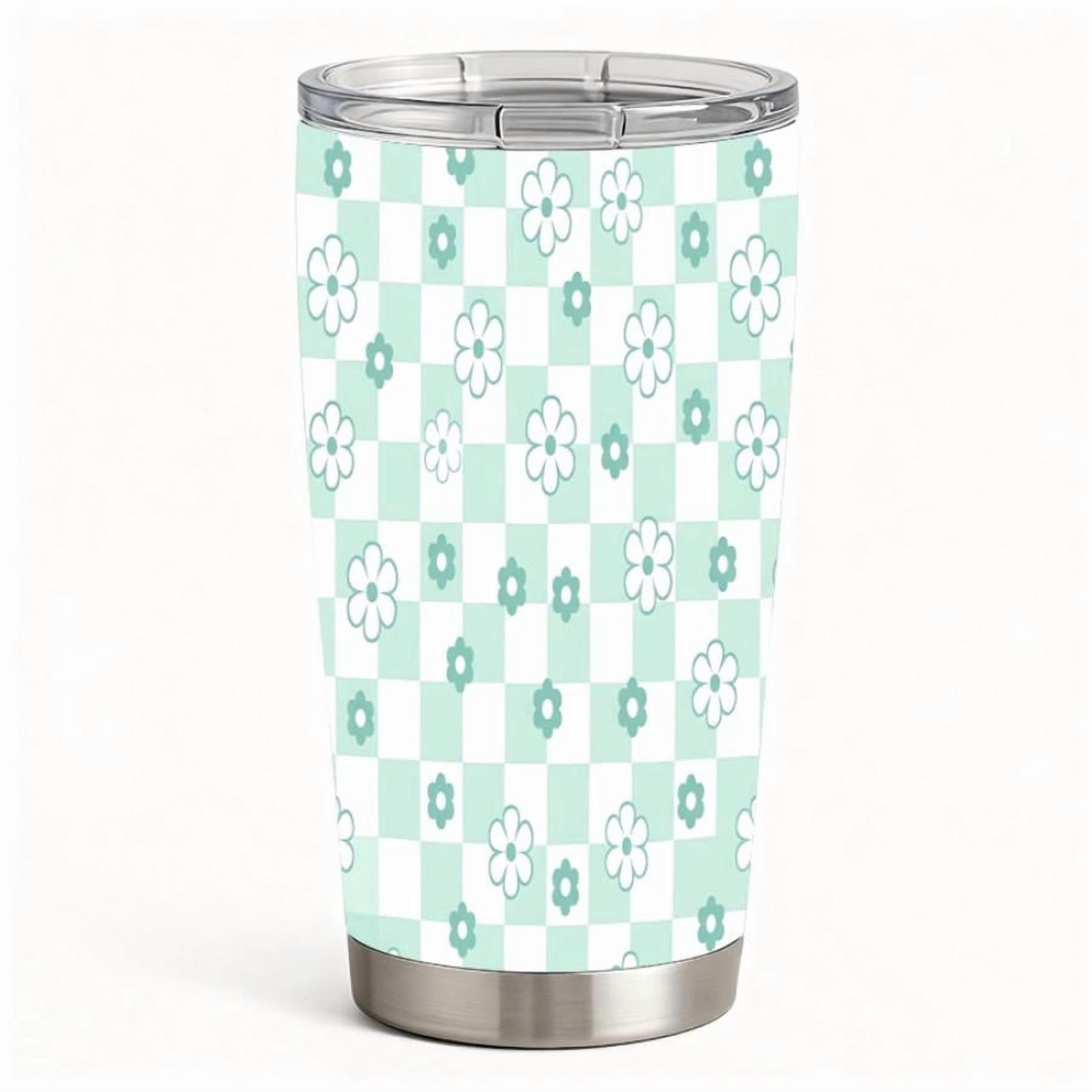 20oz Teal and White Daisy Checkerboard Pattern Stainless Steel Tumbler ...