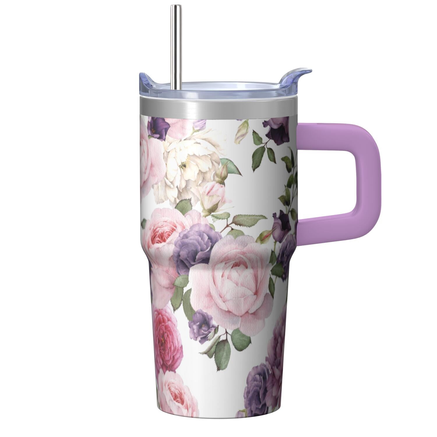 20oz Travel Tumbler with Floral Design and Handle, Stainless Steel ...