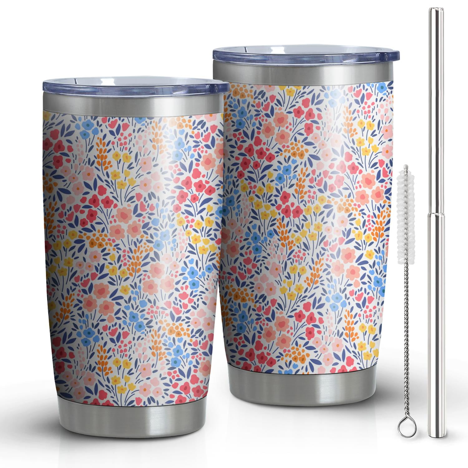 20oz Tumbler with Lid and Straw Stainless Colorful Flowers Steel Vacuum ...