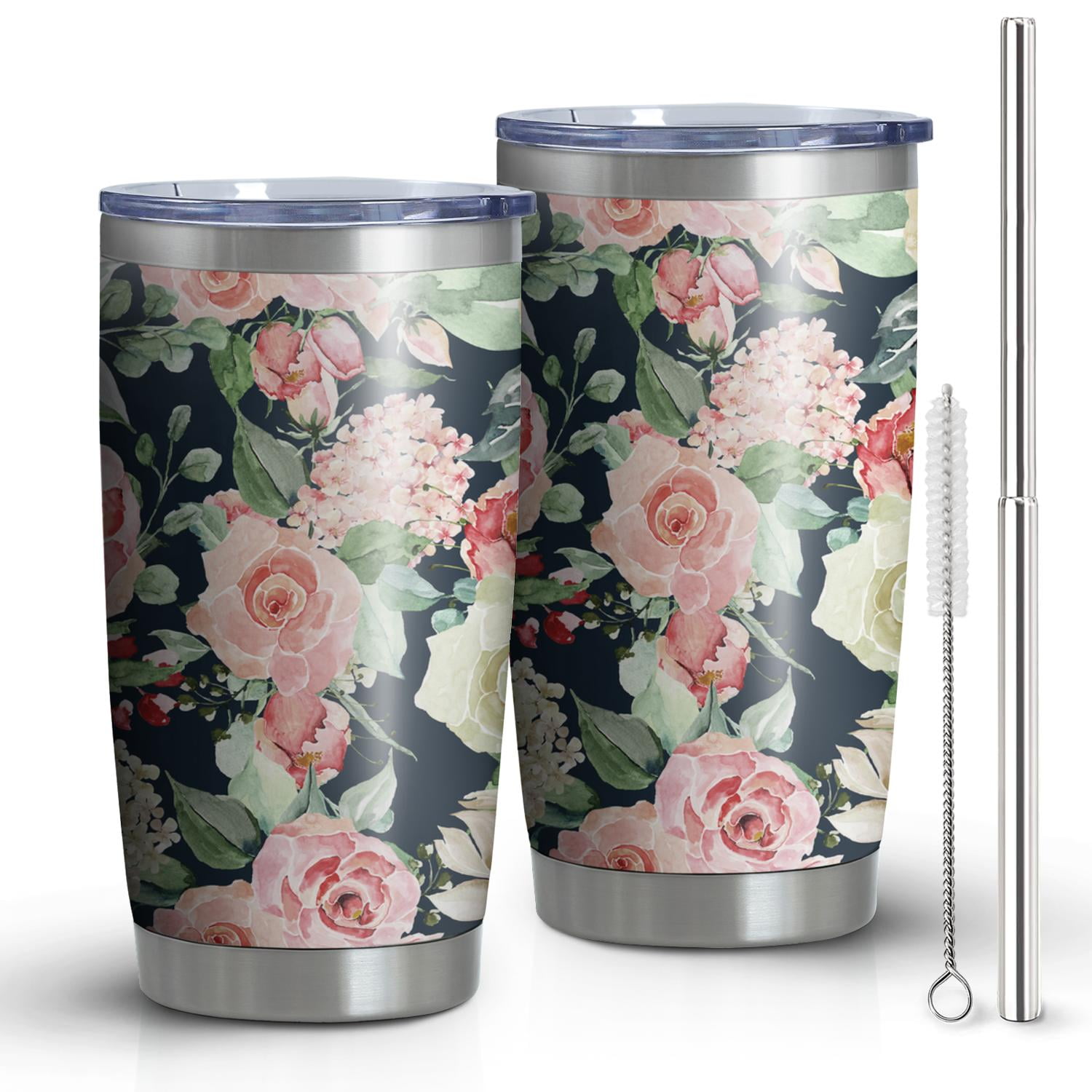 20oz Tumbler with Lid and Straw Stainless Pink White Floral Steel ...