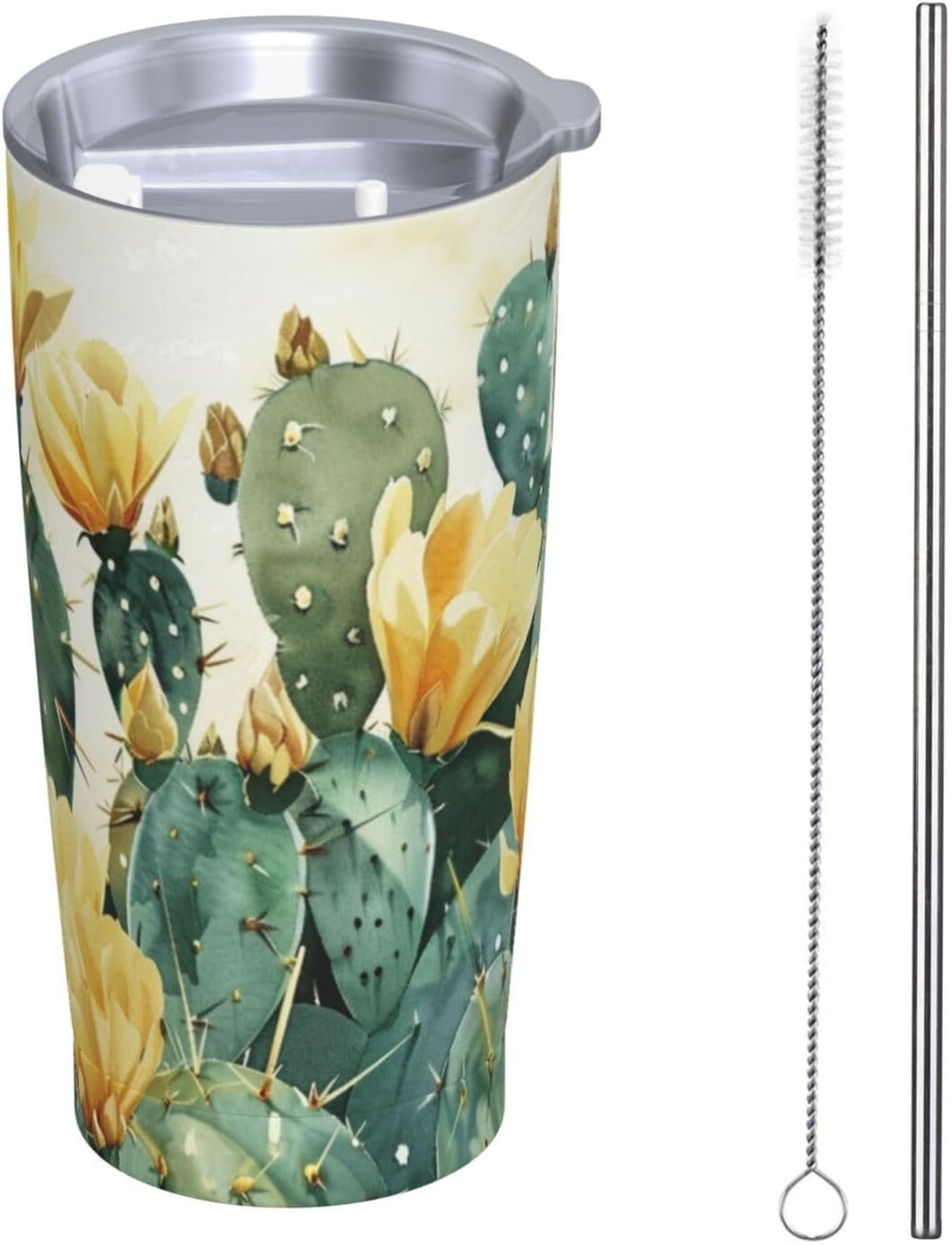 20oz Tumbler With Lid And Straw, Watercolor Cactus Floral Vacuum ...
