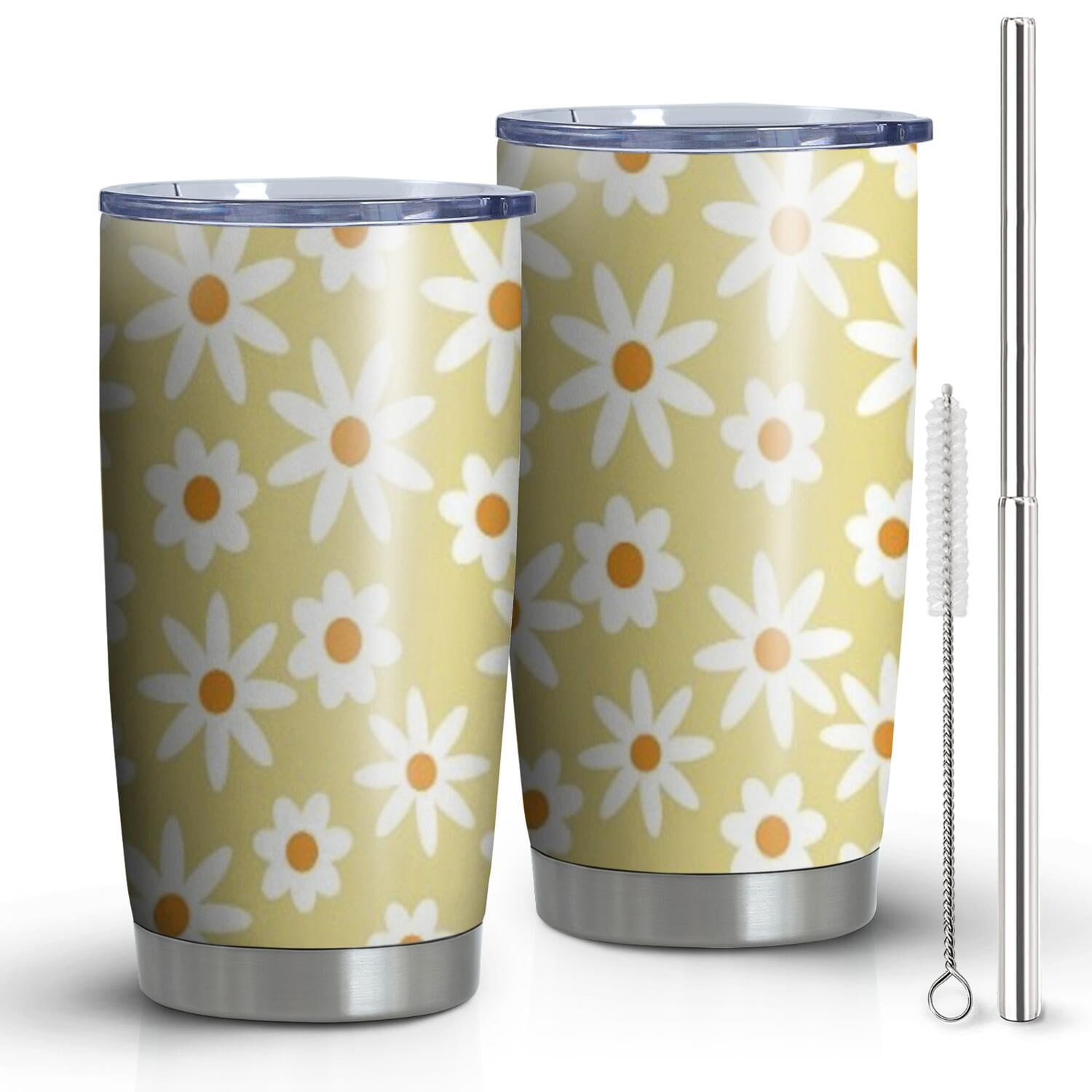20oz Tumblers Beige Daisy Flower White Blooms Pattern Stainless Steel ...