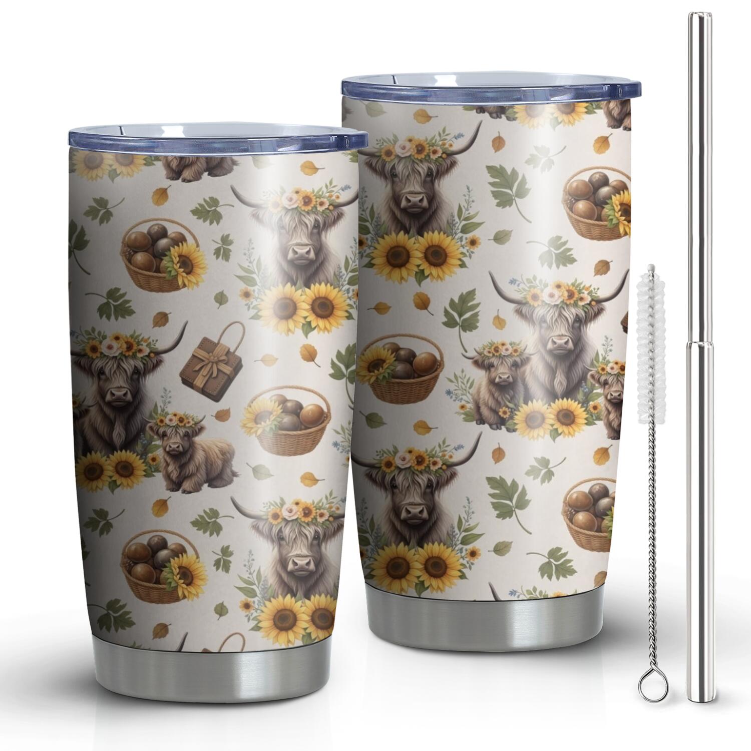 20oz Tumblers Beige Highland Cow Sunflower Basket Pattern Stainless ...