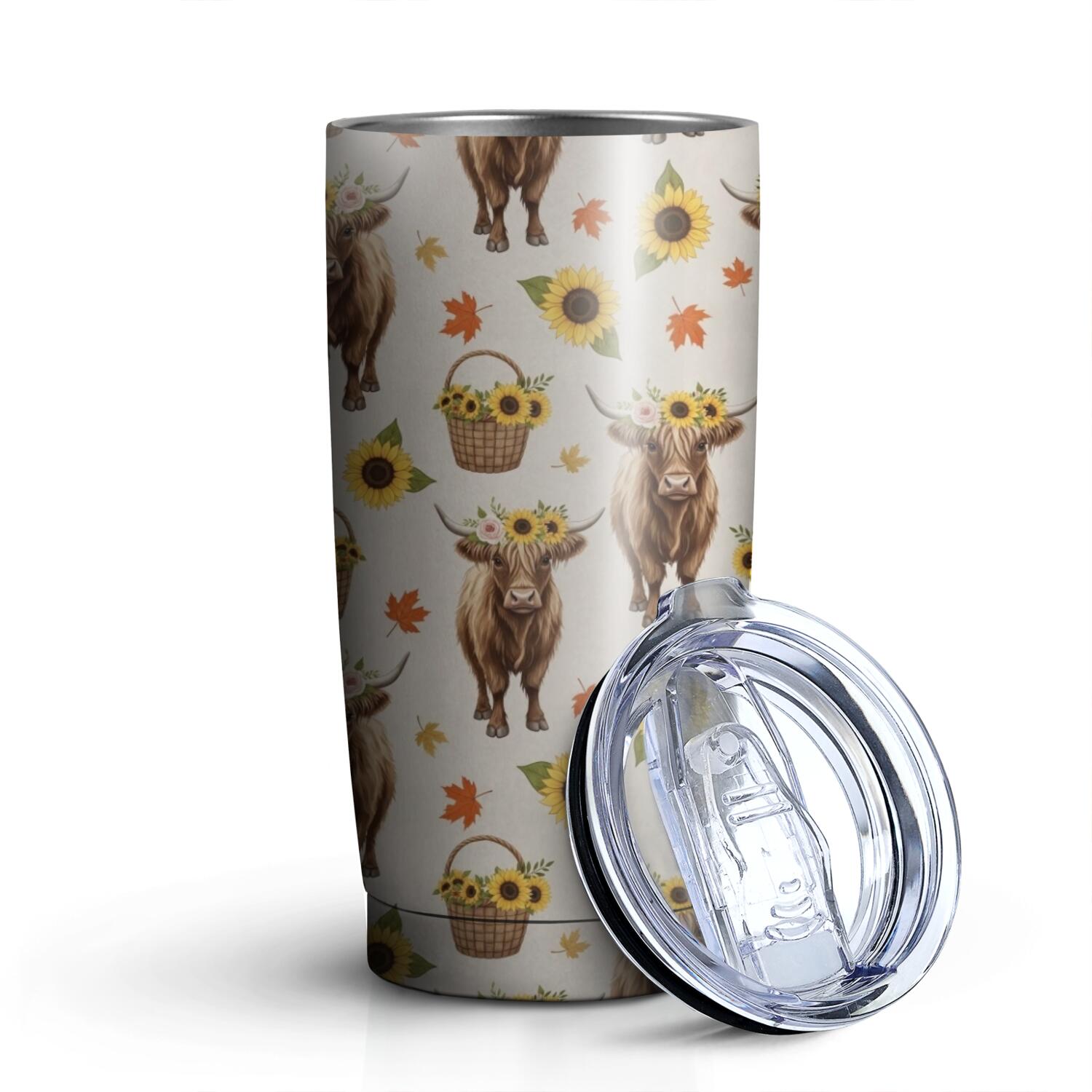 20oz Tumblers Beige Highland Cow Sunflower Basket Pattern Stainless ...