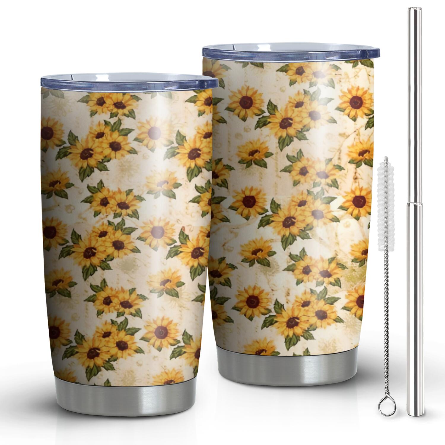 20oz Tumblers Beige Sunflower Cluster Pattern Stainless Steel Vacuum ...