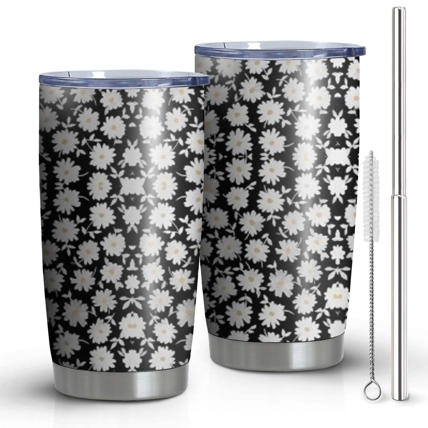 20oz Tumblers Black Daisy Flower Pattern Stainless Steel Vacuum ...