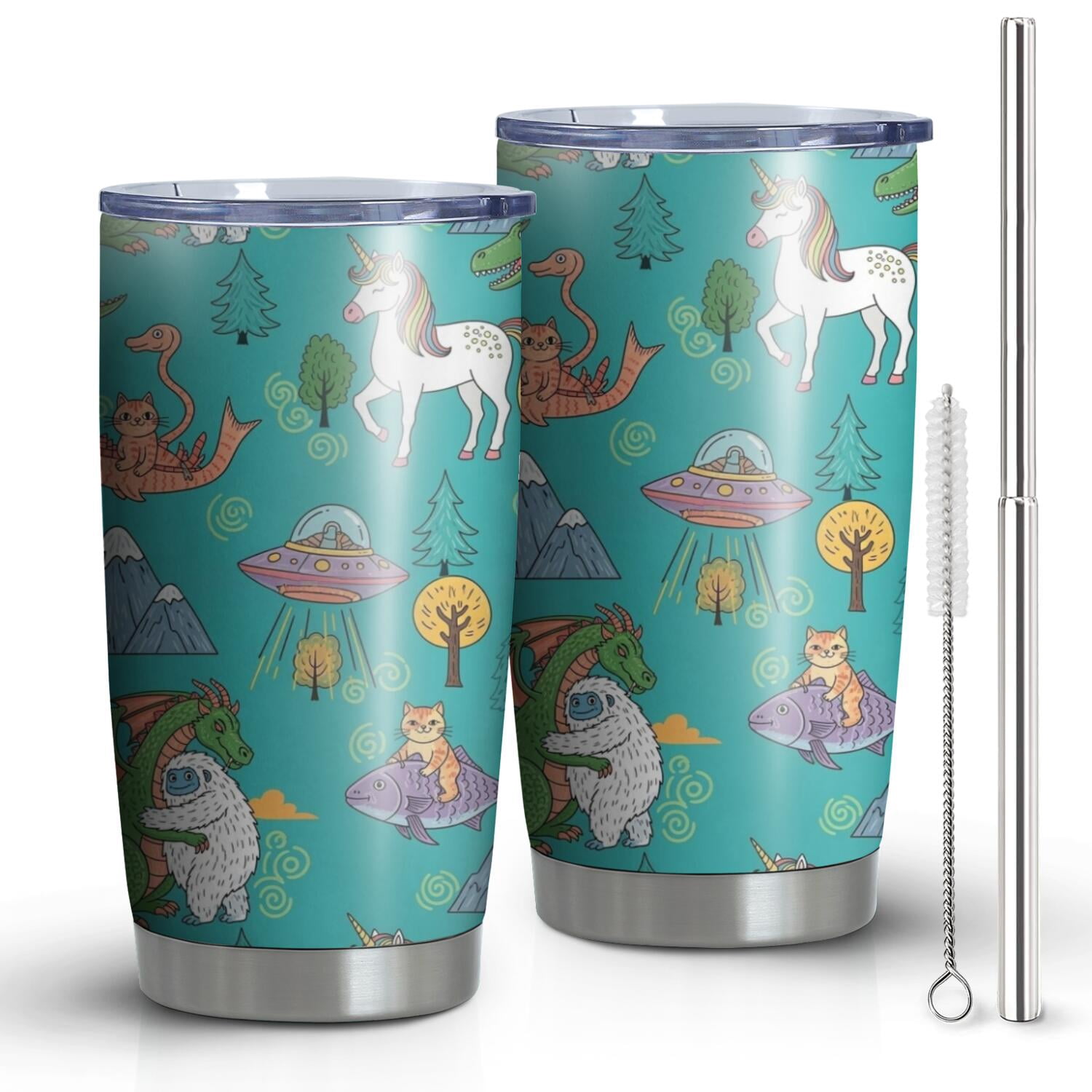 20oz Tumblers Blue Fantasy Creatures Pattern Stainless Steel Vacuum ...