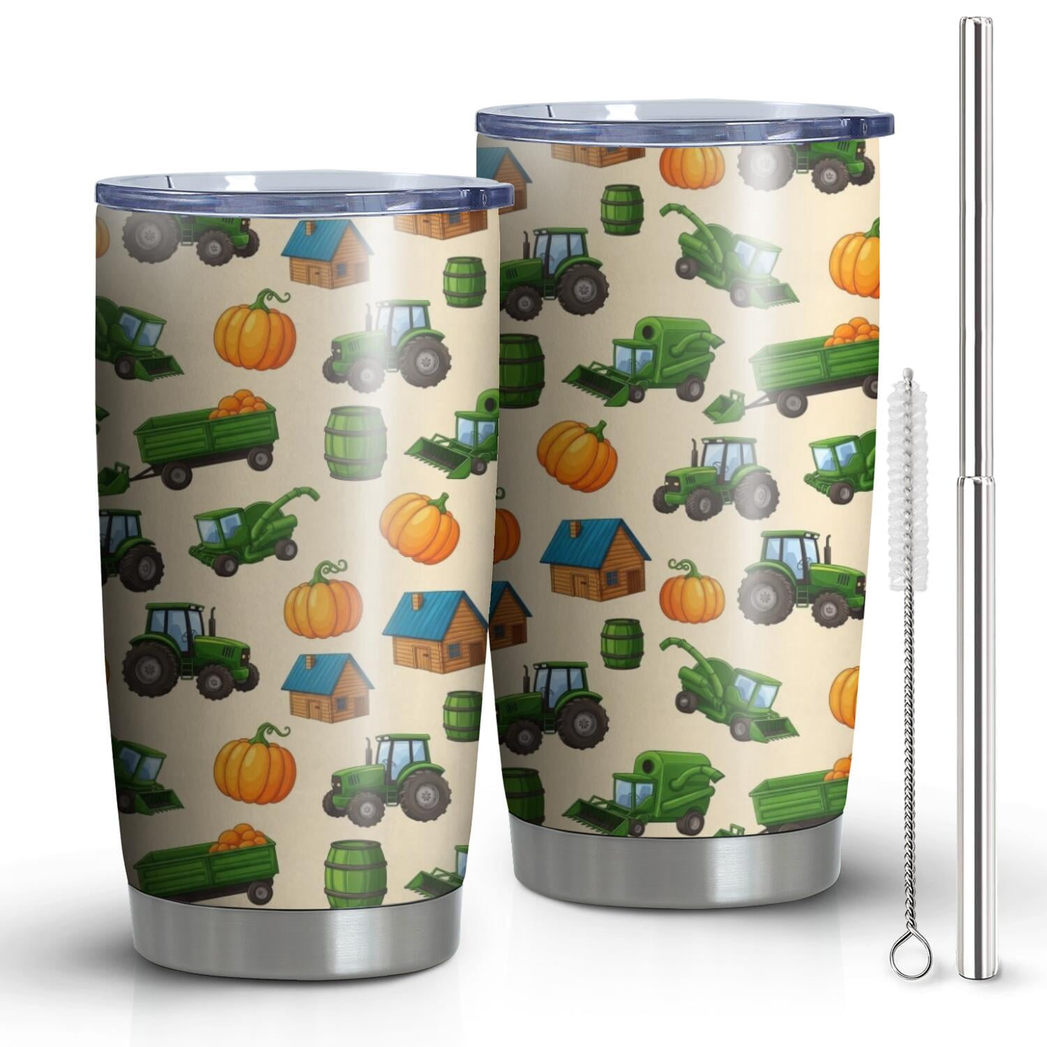 20oz Tumblers Cartoon Tractors Barns Beige Pattern Stainless Steel ...