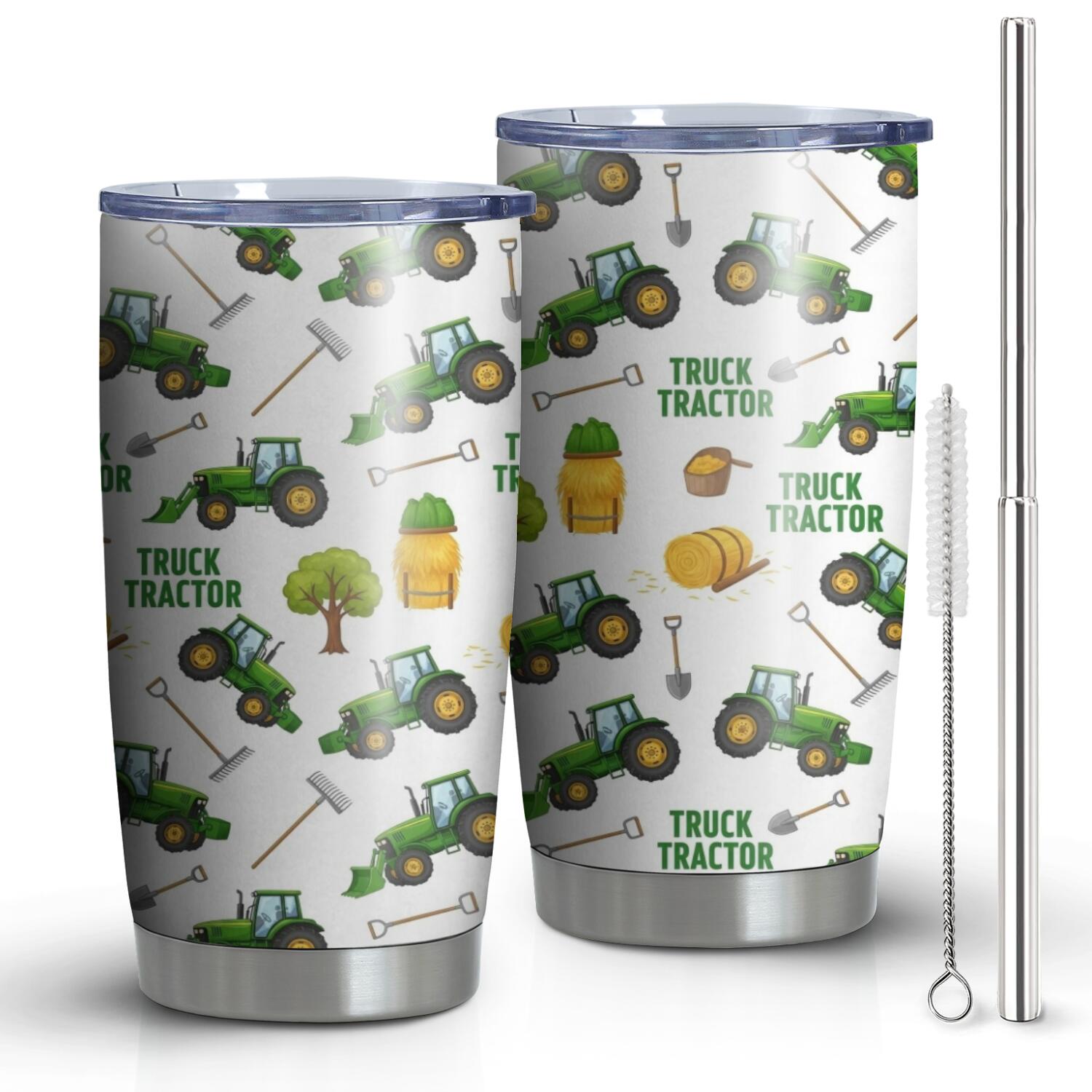 20oz Tumblers Cartoon Tractors Hay Bales White Pattern Stainless Steel ...