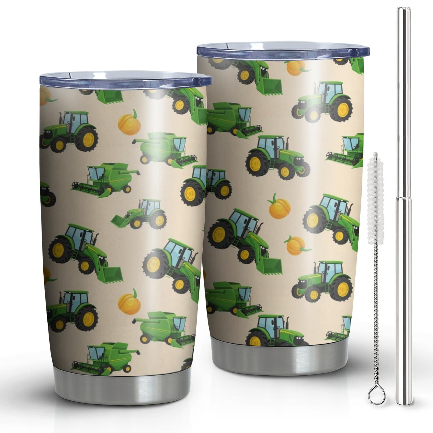 20oz Tumblers Cartoon Tractors Pumpkins Beige Pattern Stainless Steel ...
