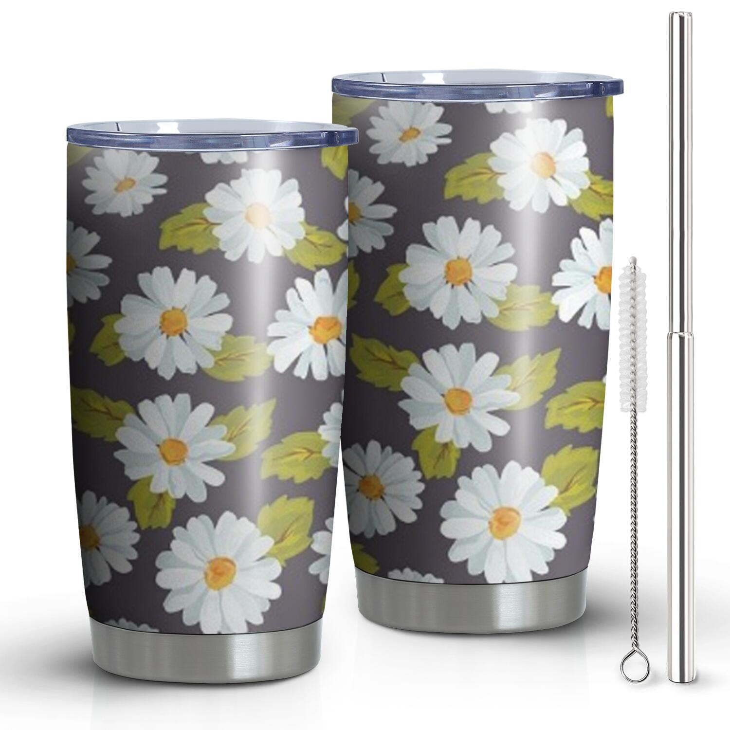 20oz Tumblers Darkgray Daisy Flower Green Leaves Pattern Stainless ...