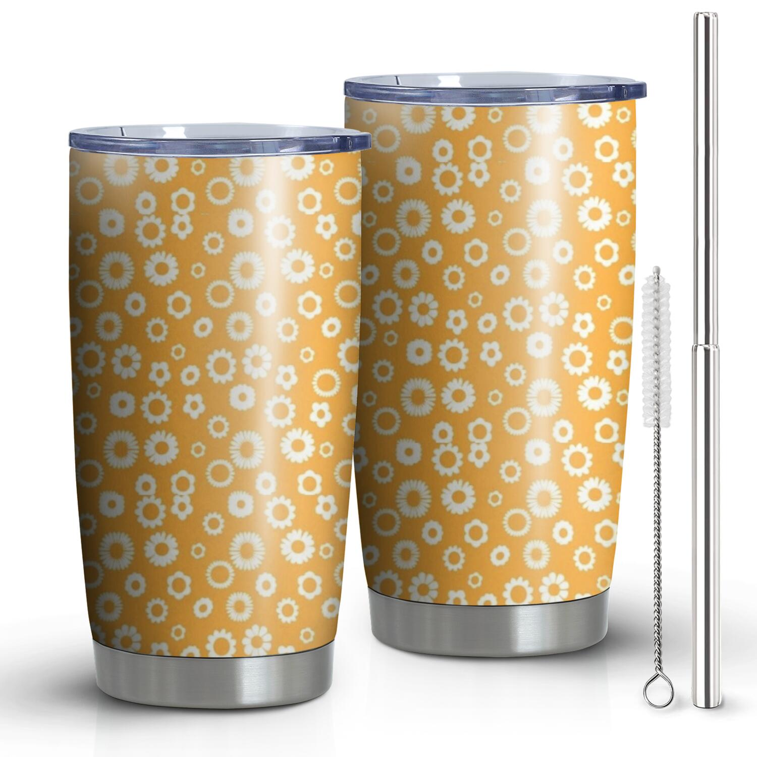 20oz Tumblers Orange Daisy Flower Floral Pattern Stainless Steel Vacuum ...