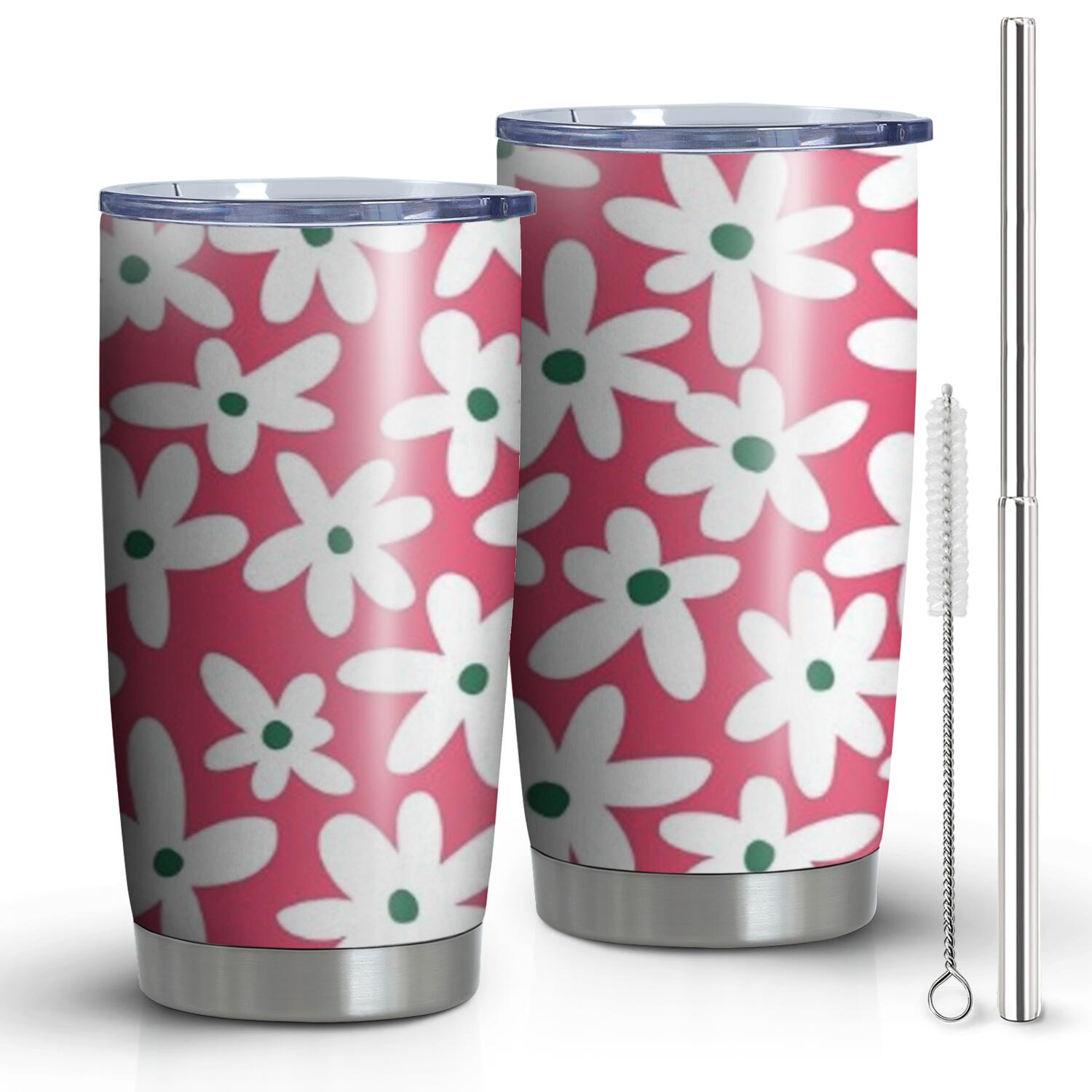 20oz Tumblers Red Daisy Flower Green Centers Pattern Stainless Steel ...