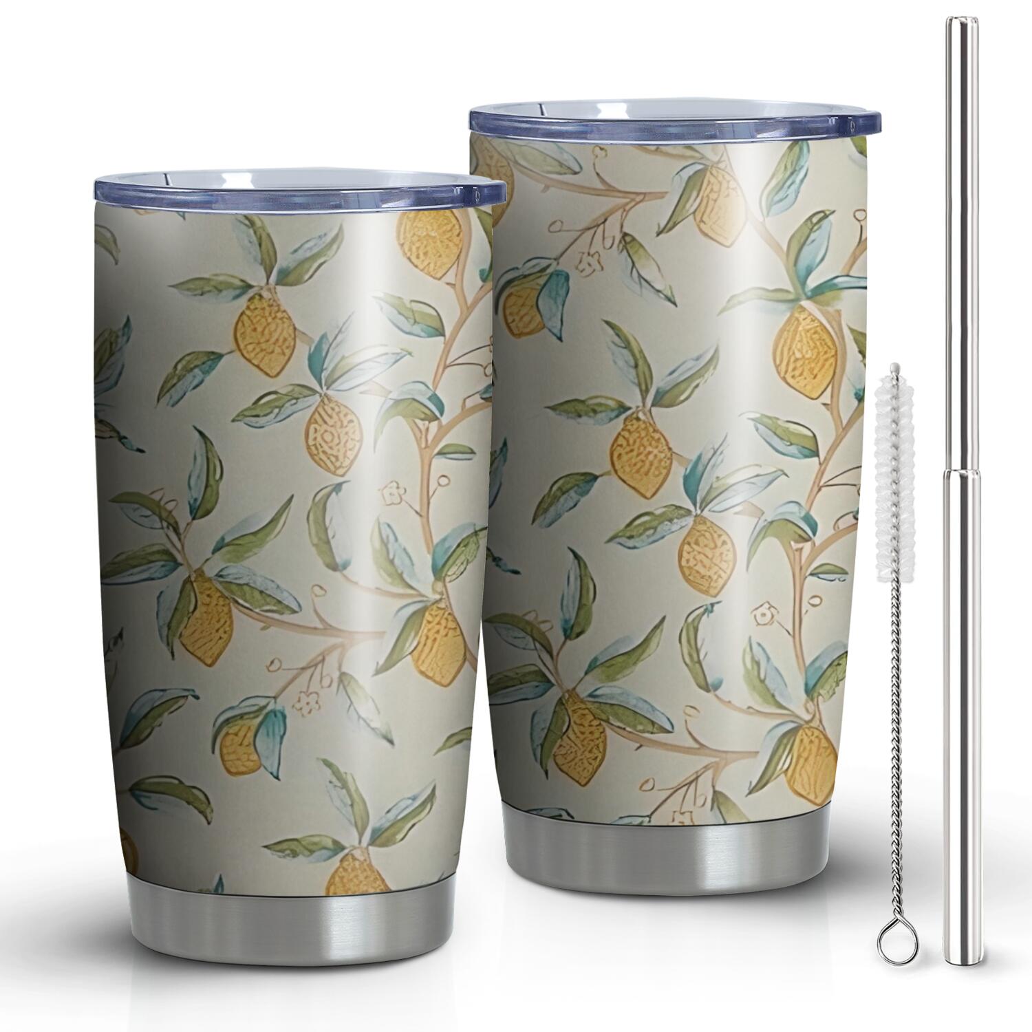 20oz Tumblers Yellow Lemon Fruit Leaves Beige Pattern Stainless Steel ...