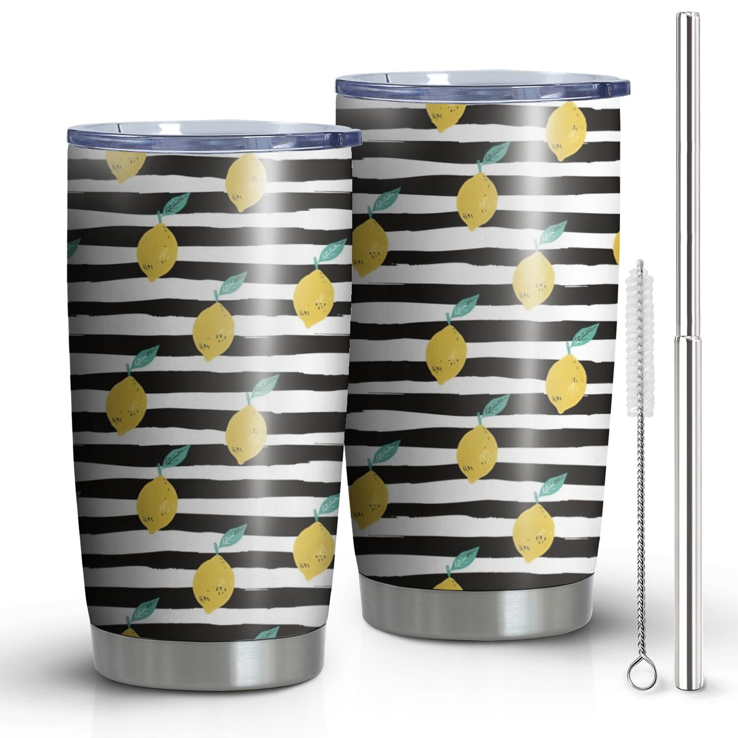 20oz Tumblers Yellow Lemon Fruit Leaves BlackWhite Pattern Stainless ...