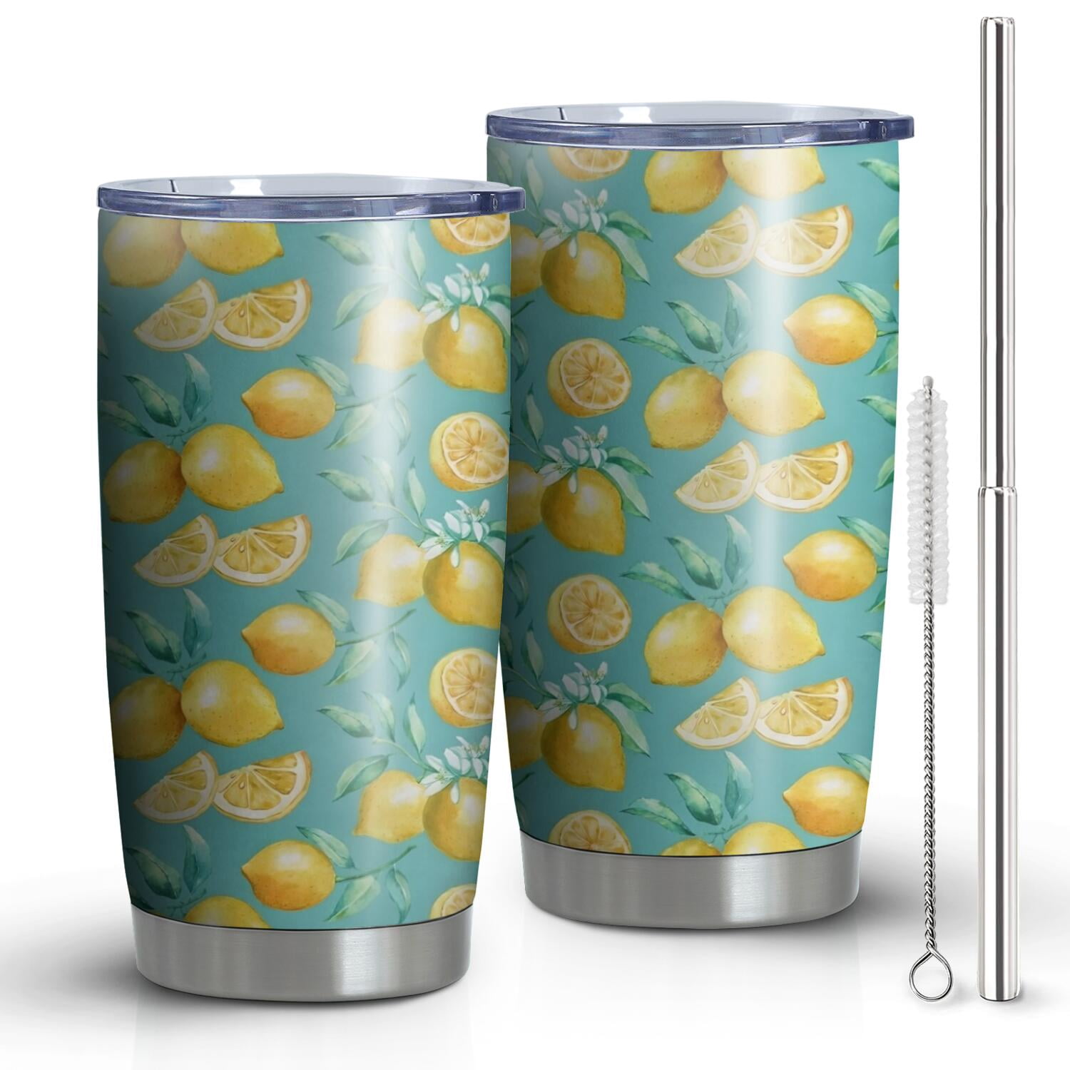 20oz Tumblers Yellow Lemon Fruit Slices Blue Pattern Stainless Steel ...