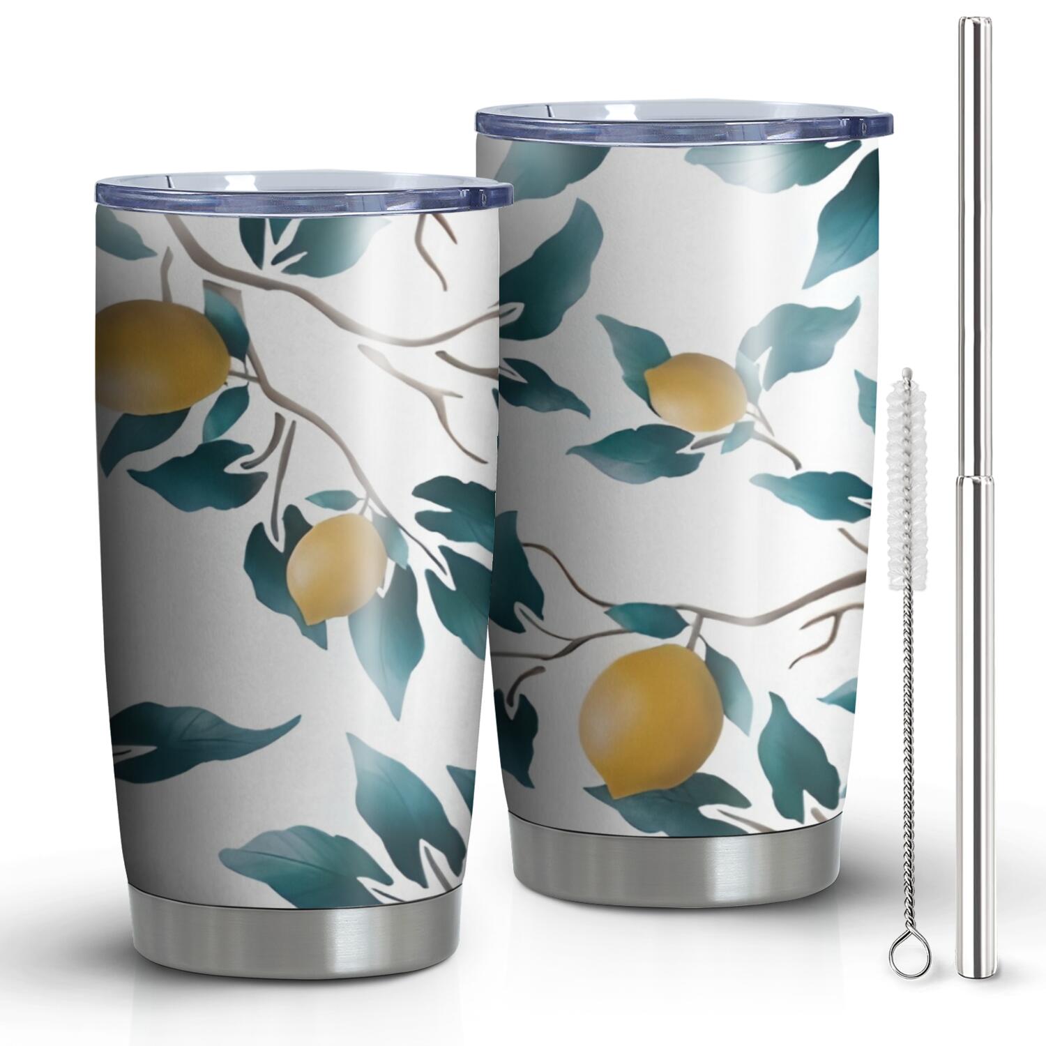 20oz Tumblers Yellow Lemon Fruits White Pattern Stainless Steel Vacuum ...
