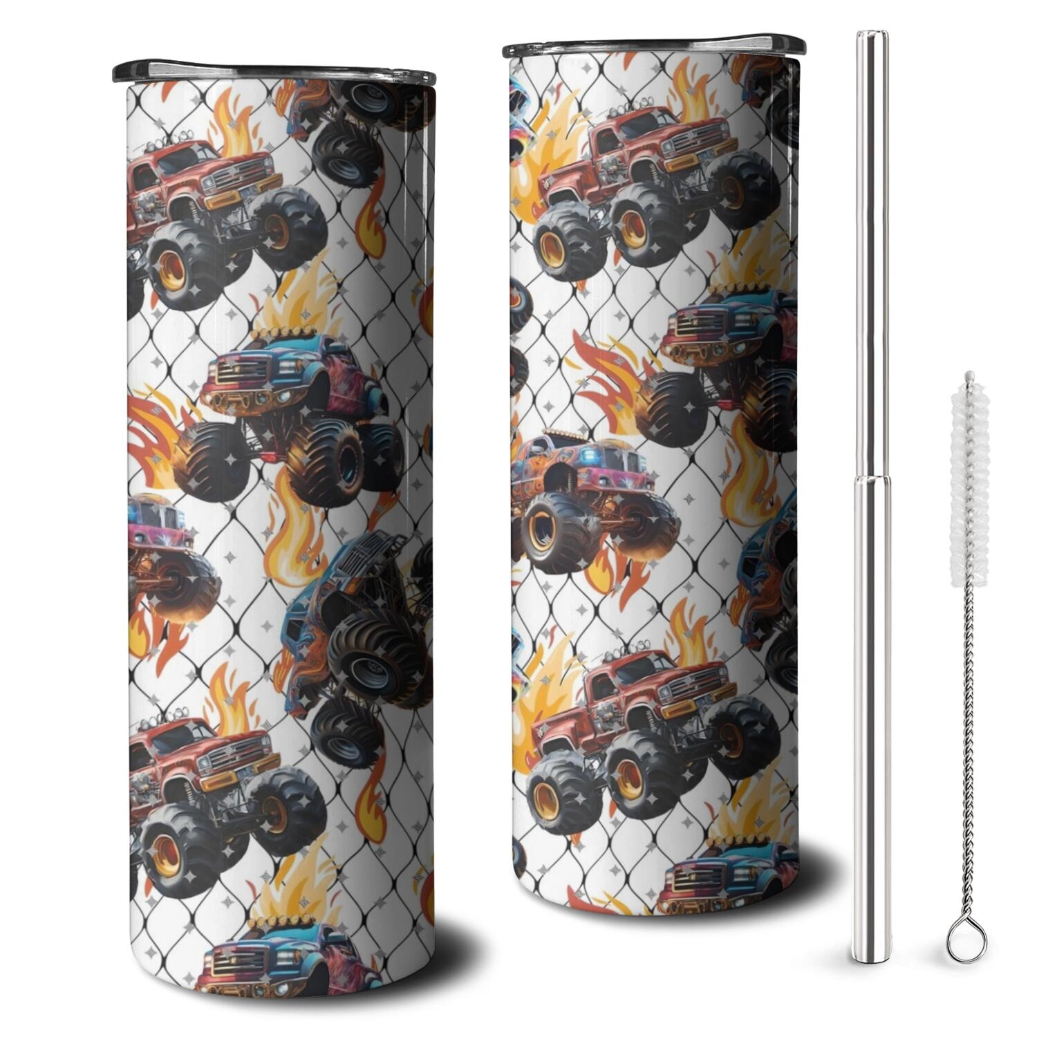 20oz White Mesh Fire Monster Cartoon Trucks Pattern Skinny Tumblers ...