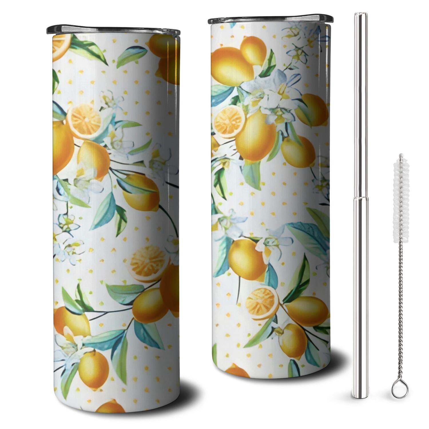 20oz Yellow Lemon Flowers White Pattern Skinny Tumblers Stainless Steel ...