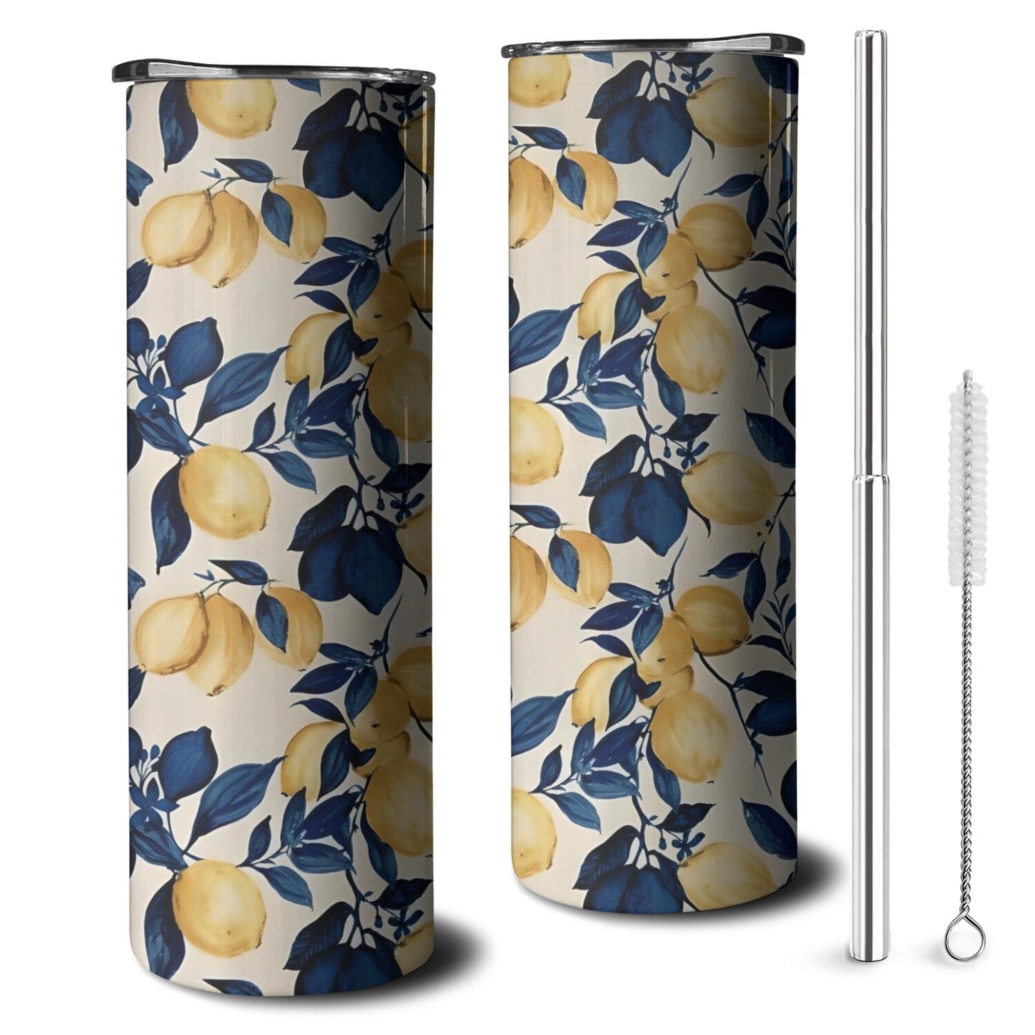 20oz Yellow Lemon Fruit Leaves Beige Pattern Skinny Tumblers Stainless ...