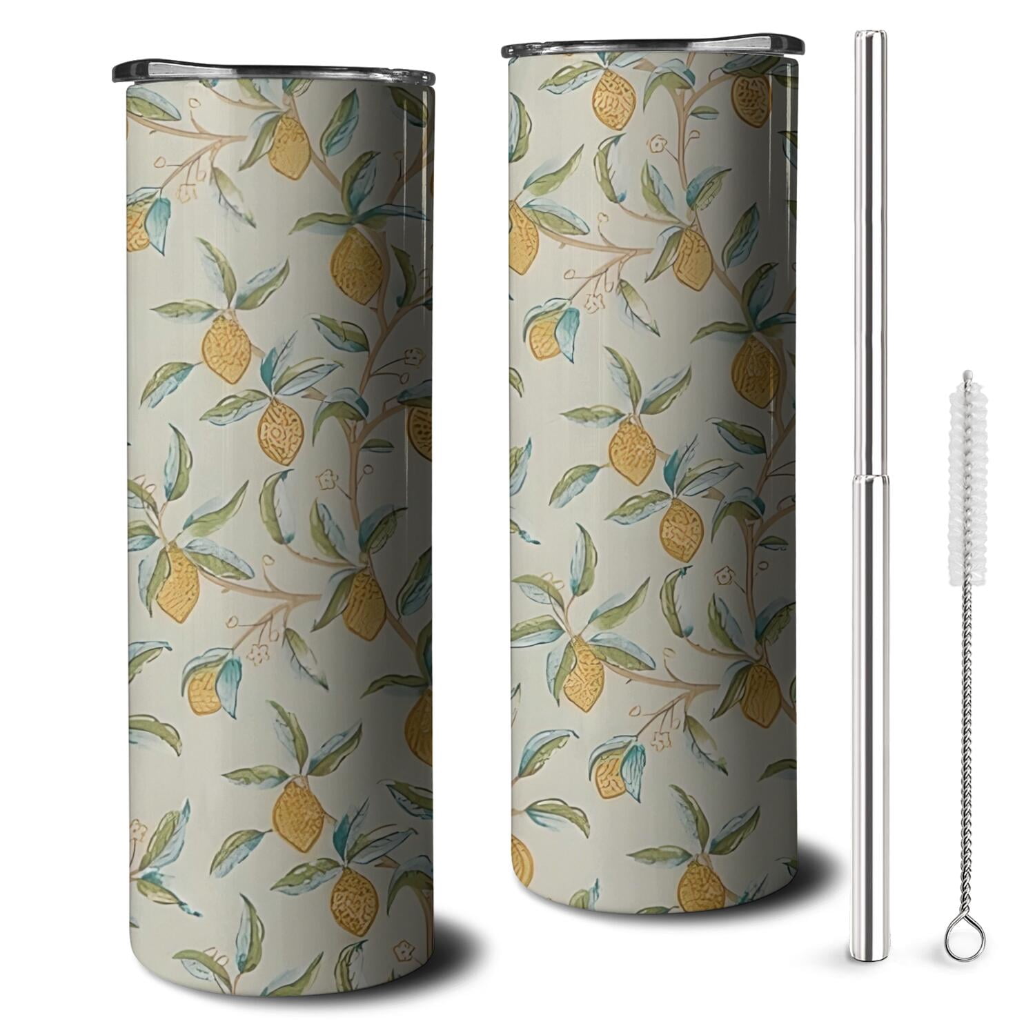 20oz Yellow Lemon Fruit Leaves Beige Pattern Skinny Tumblers Stainless ...