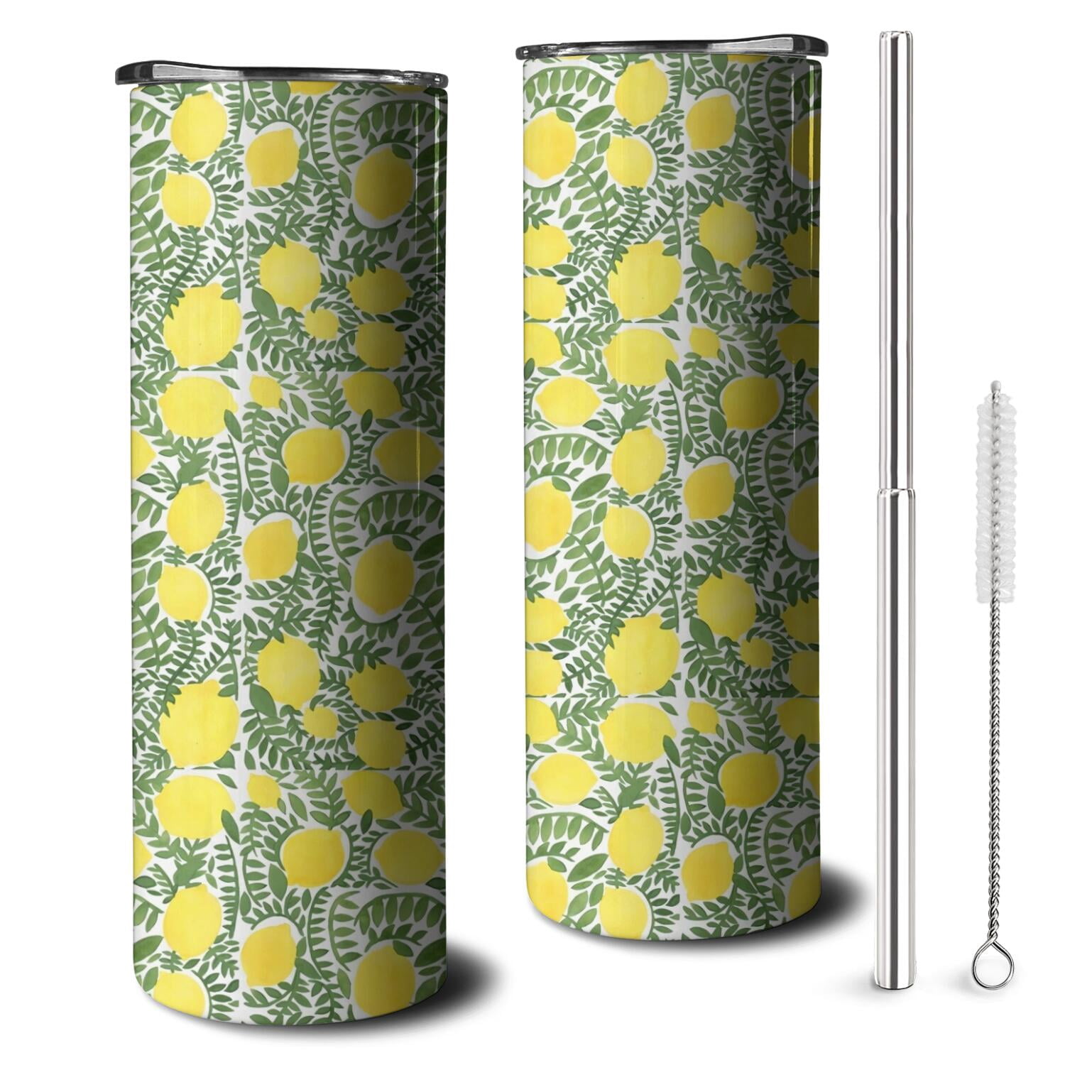 20oz Yellow Lemon Fruit Leaves White Pattern Skinny Tumblers Stainless ...
