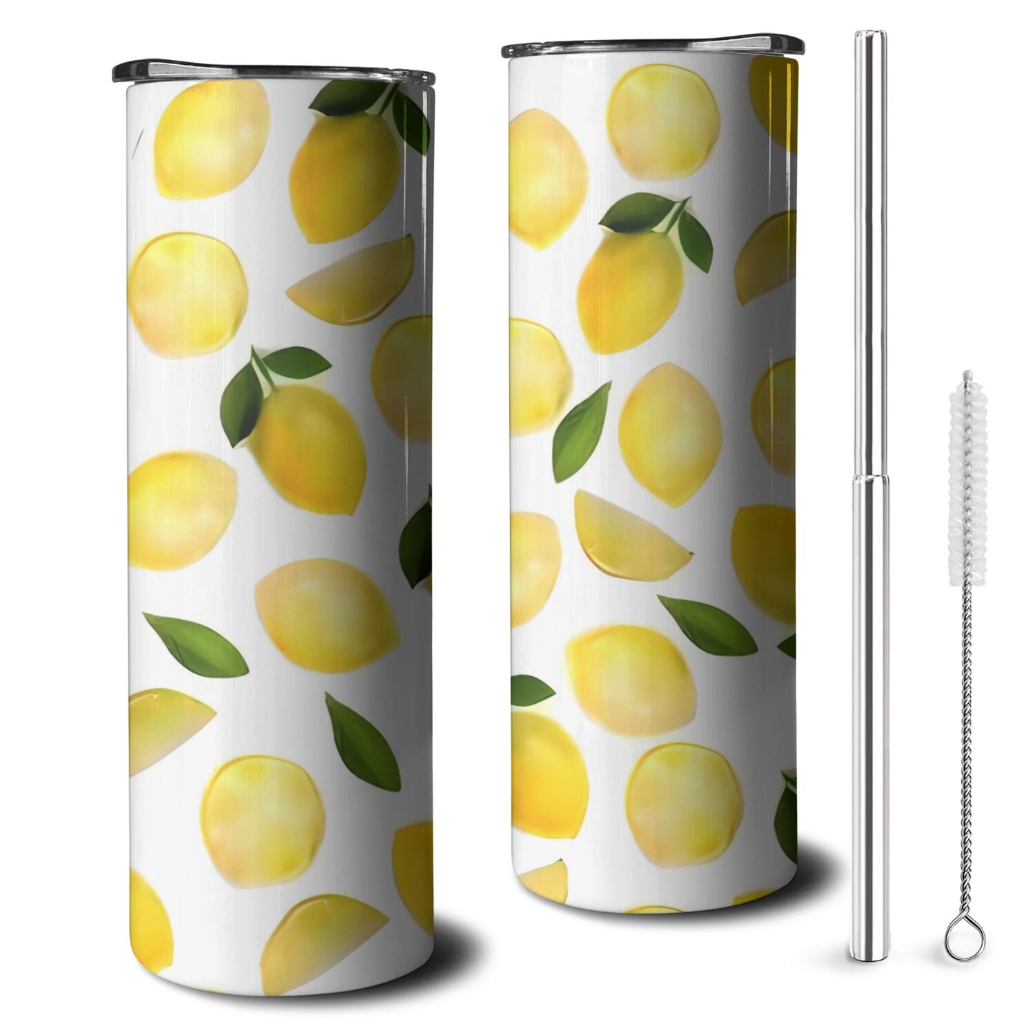 20oz Yellow Lemon Fruit Leaves White Pattern Skinny Tumblers Stainless ...