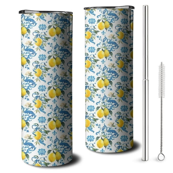 20oz Yellow Lemon Fruit Patterns Blue White Pattern Skinny Tumblers ...