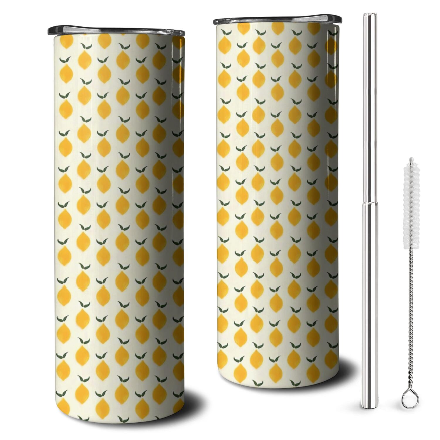 20oz Yellow Lemon Fruit Repeat Beige Pattern Skinny Tumblers Stainless ...