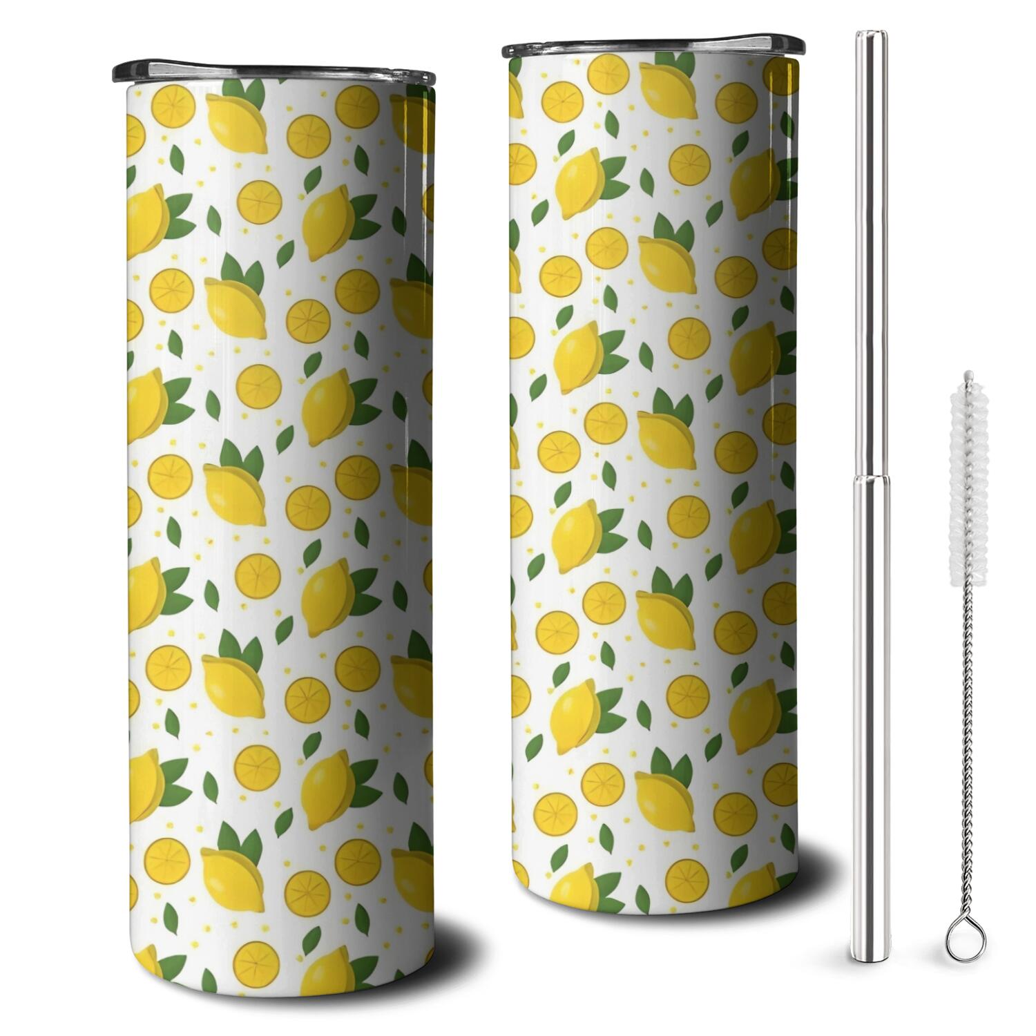 20oz Yellow Lemon Fruit Slices White Pattern Skinny Tumblers Stainless ...